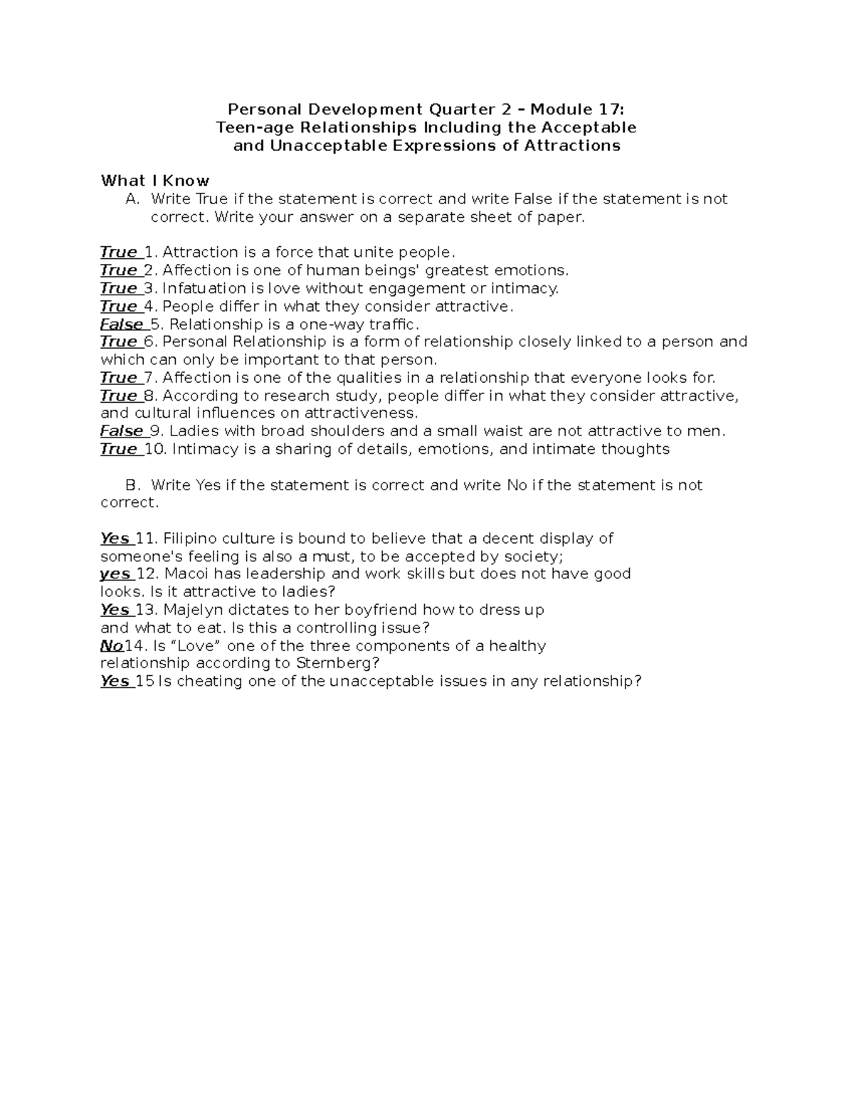 Personal Development Quarter 2 - Write True if the statement is correct ...