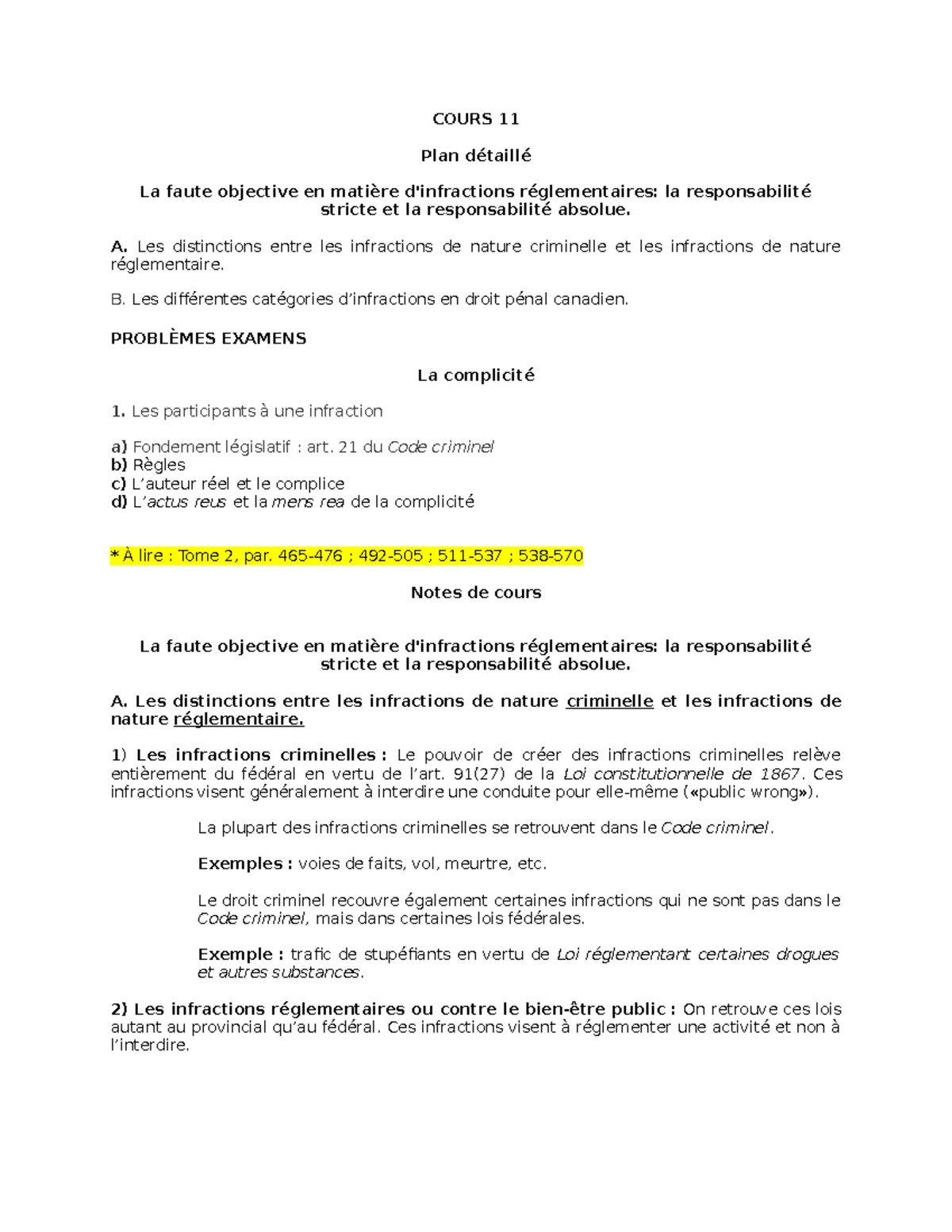 Cours 11 1505 - DRT1505 Hugues Parent - COURS 11 Plan détaillé La faute ...