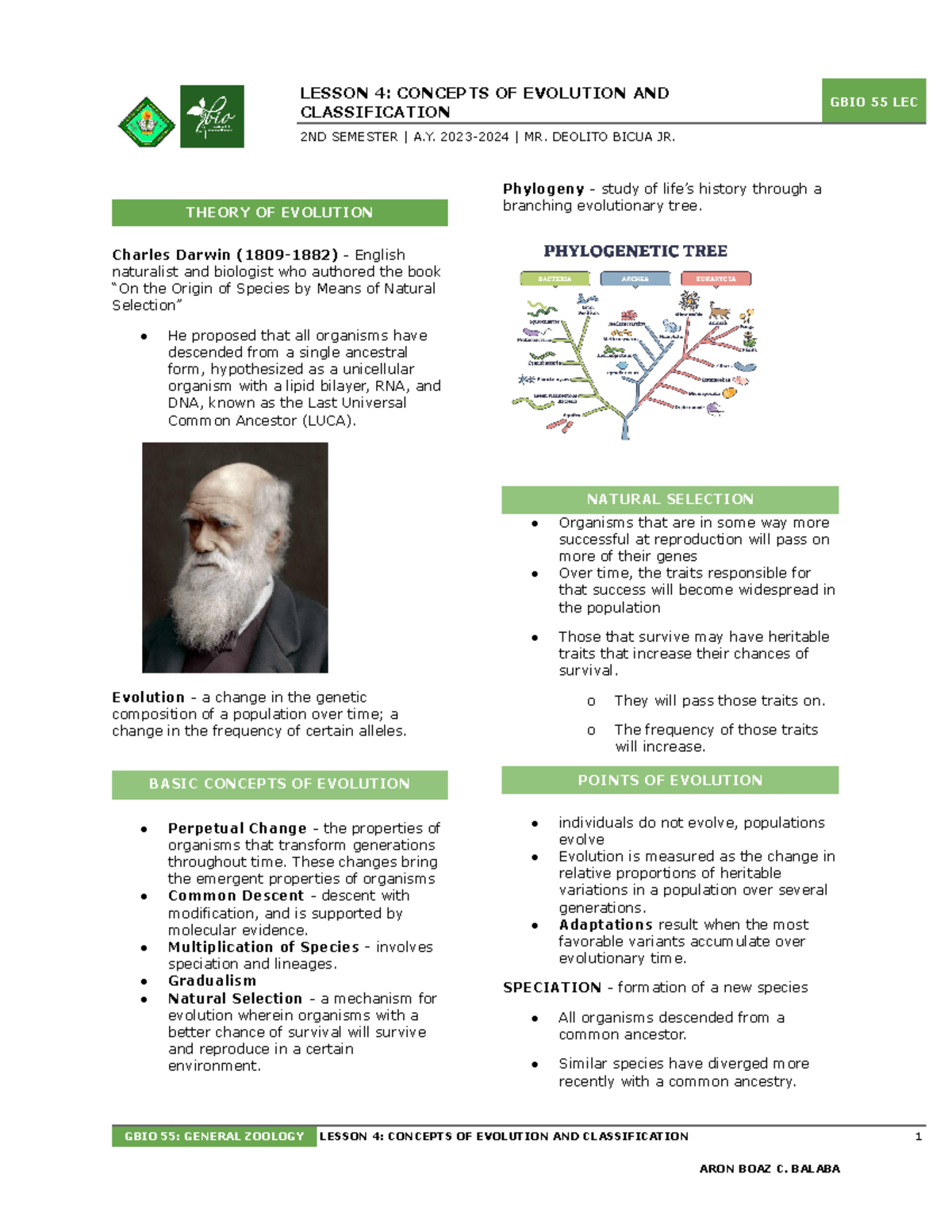 GBIO 55 LEC Lesson 4 - taxonomy and evolution - CLASSIFICATION GBIO 55 ...