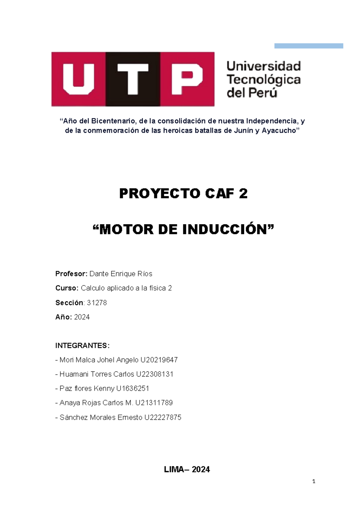Informe Final CAF2 - Cad - LIMA– 202 4 PROYECTO CAF 2 “MOTOR DE INDUCCIÓN” “Año del Bicentenario ...