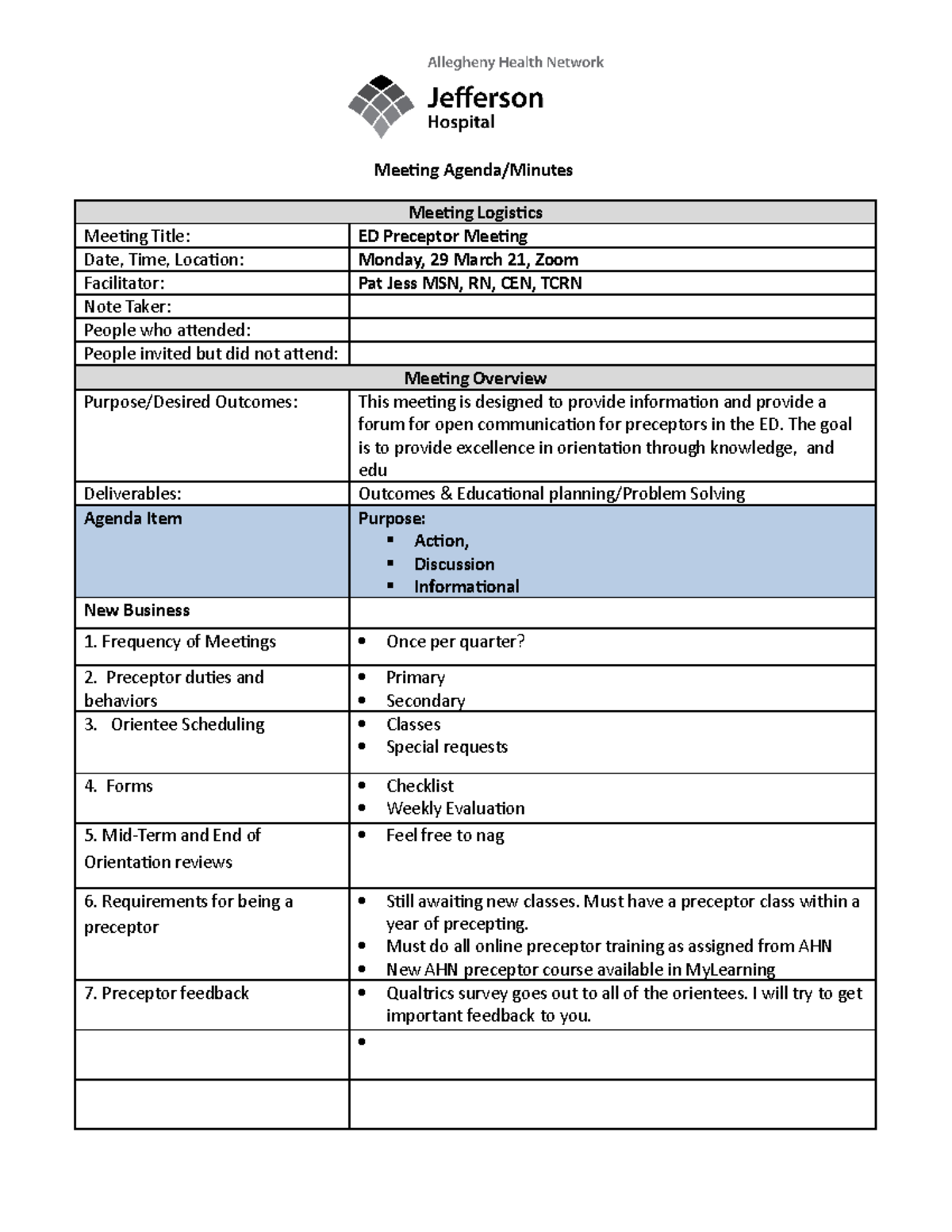 ED Preceptor Meeting Agenda Minutes - Meeting Agenda/Minutes Meeting ...