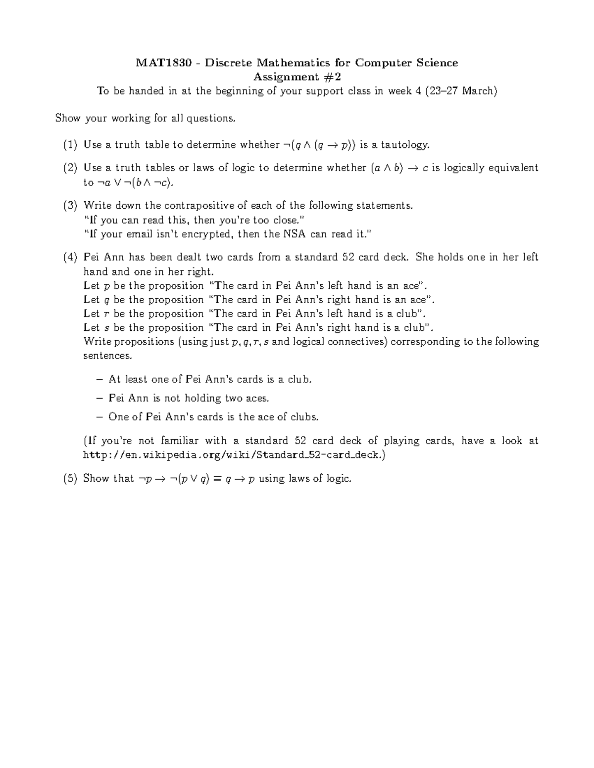Seminar Assignments Questions Assignment 2 Mat1830 Discrete Mathematics For Computer