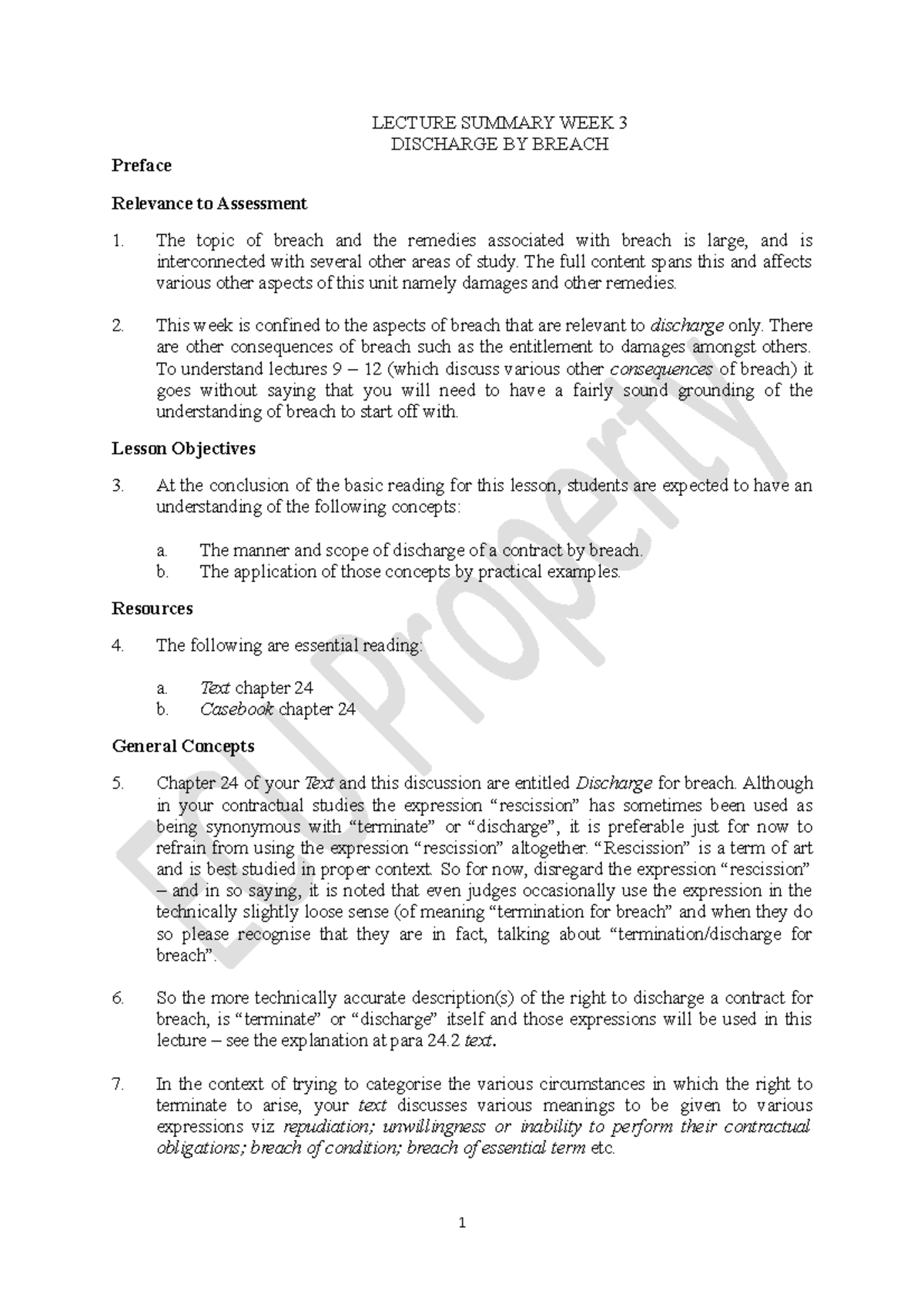 Lecture Summary Week 3 Discharge by Breach - LECTURE SUMMARY WEEK 3 DISCHARGE BY BREACH Preface ...