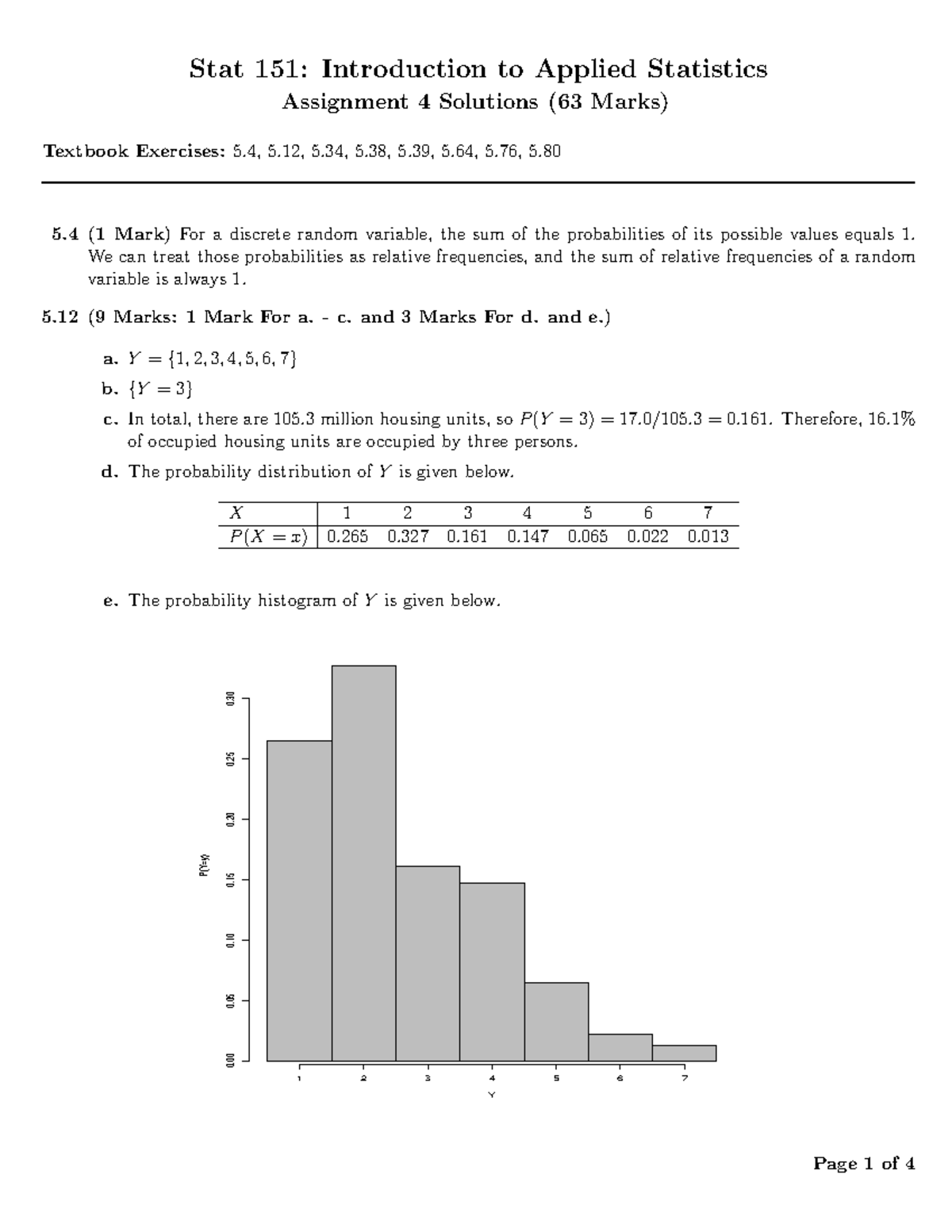Stat151 A4 Solutions Stat 151 Introduction To Applied Statistics Assignment 4 Solutions 63