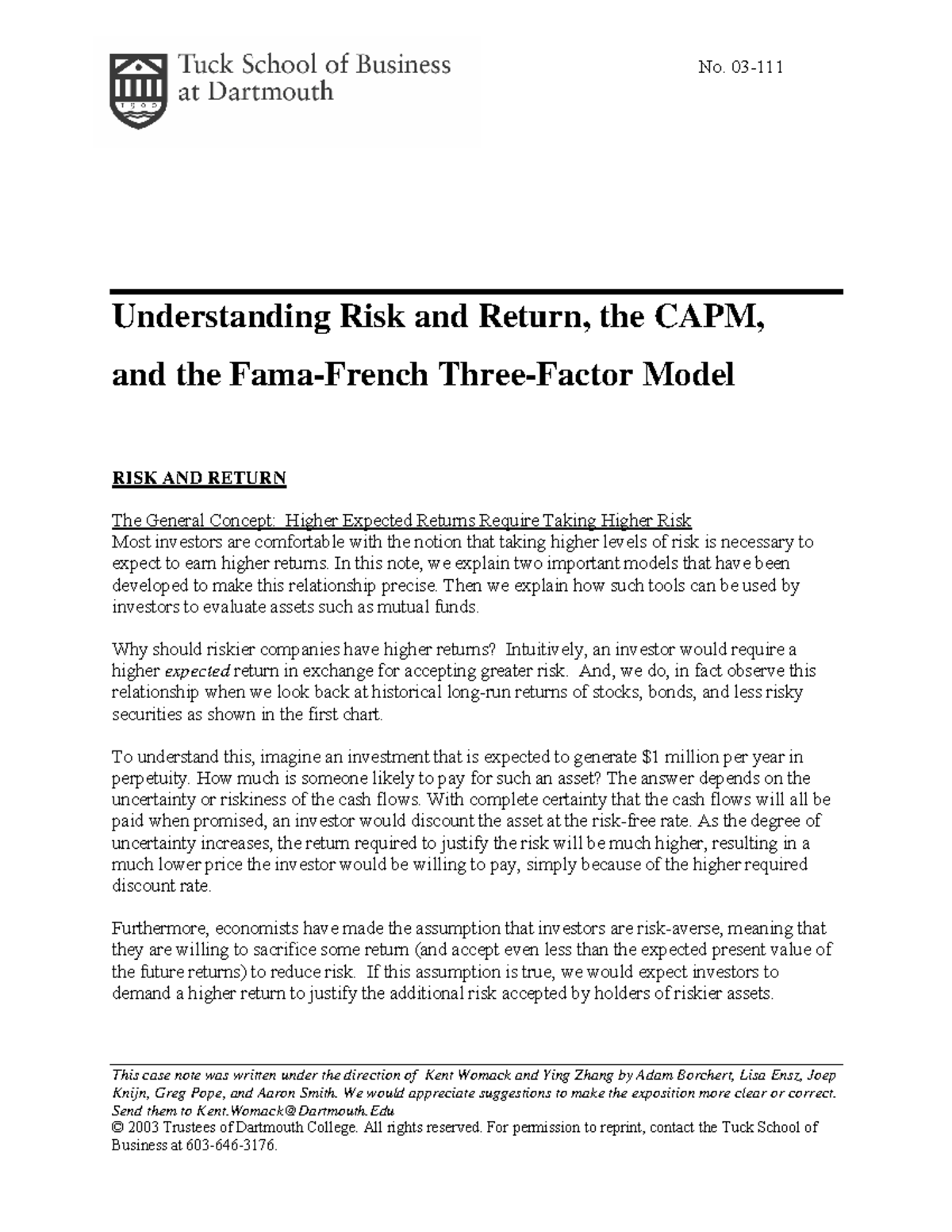 Capm and fama french 3 factor model - no. 1-20 No. 03- This case note ...