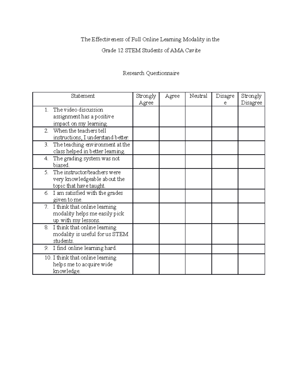 Questionnaire for BSM - The Effectiveness of Full Online Learning ...
