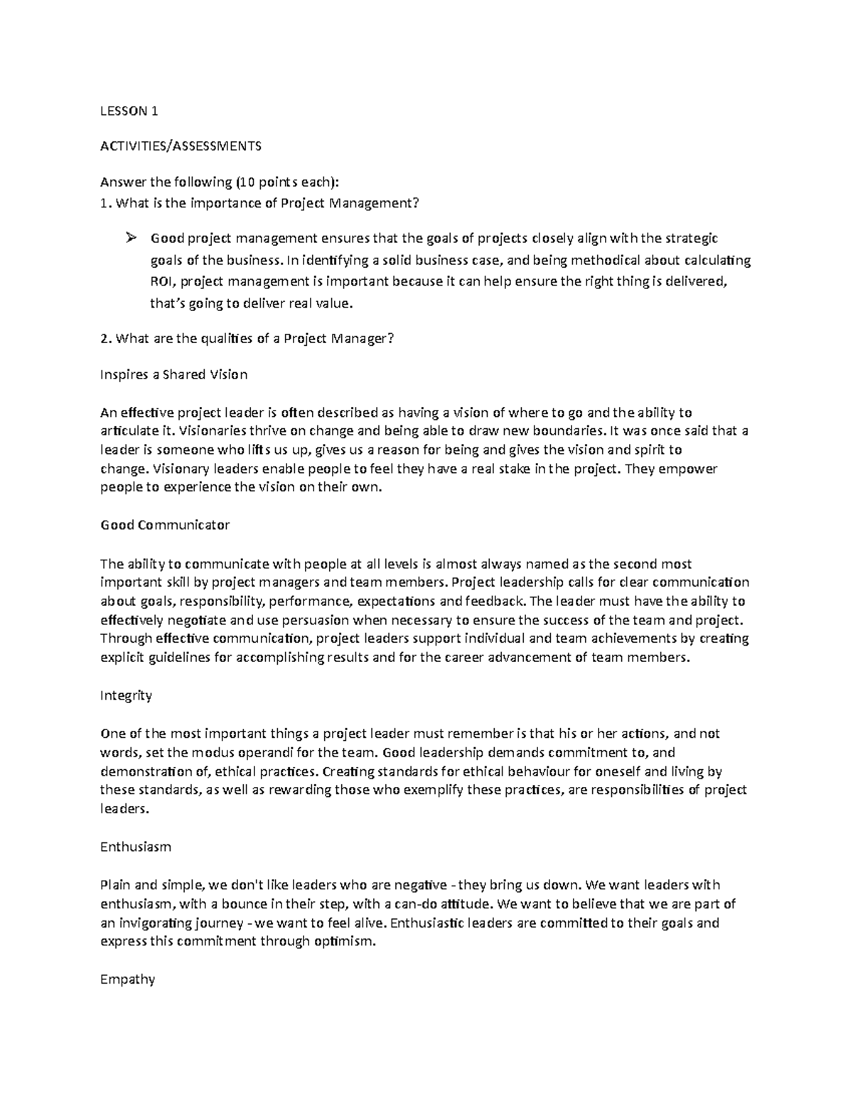 Lesson 1 - activities on human resource management - LESSON 1 ...