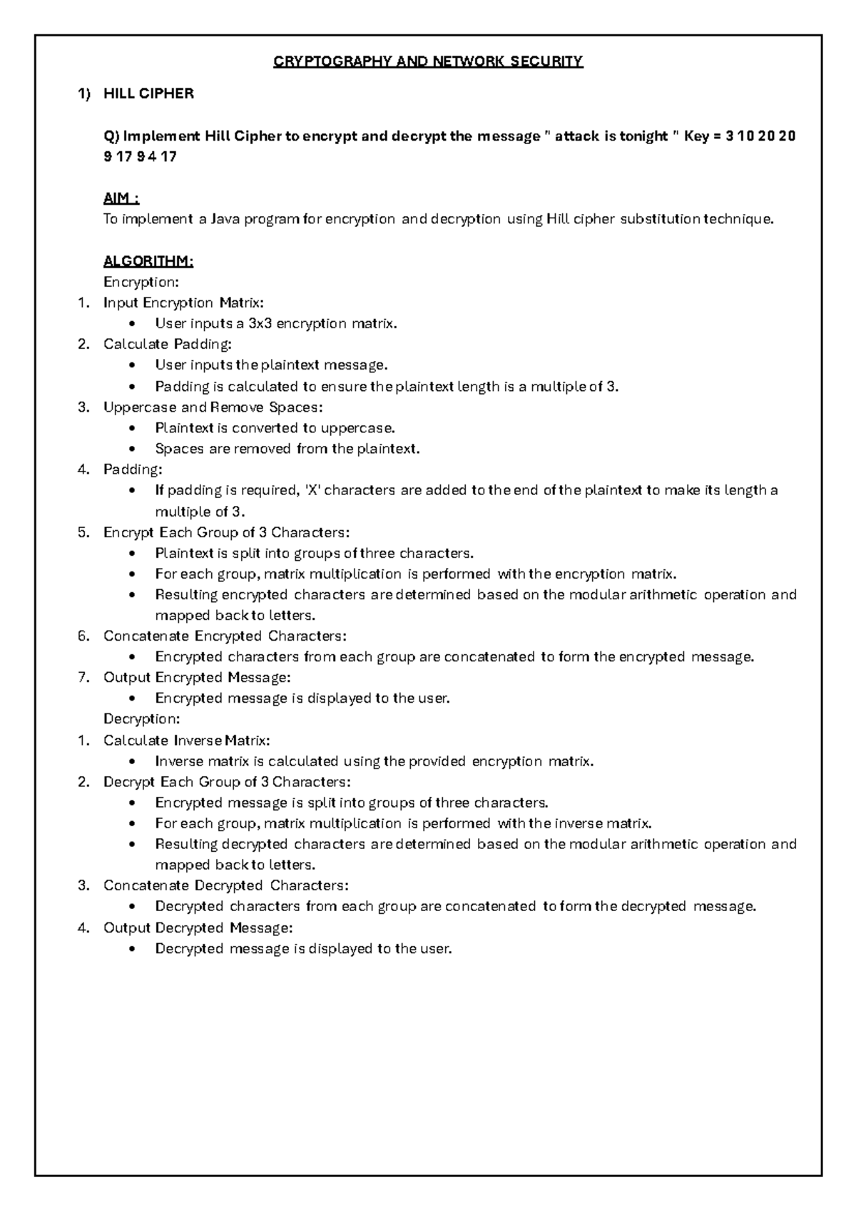 Crypto-LAB-CAT - mid term - CRYPTOGRAPHY AND NETWORK SECURITY 1) HILL CIPHER Q) Implement Hill ...