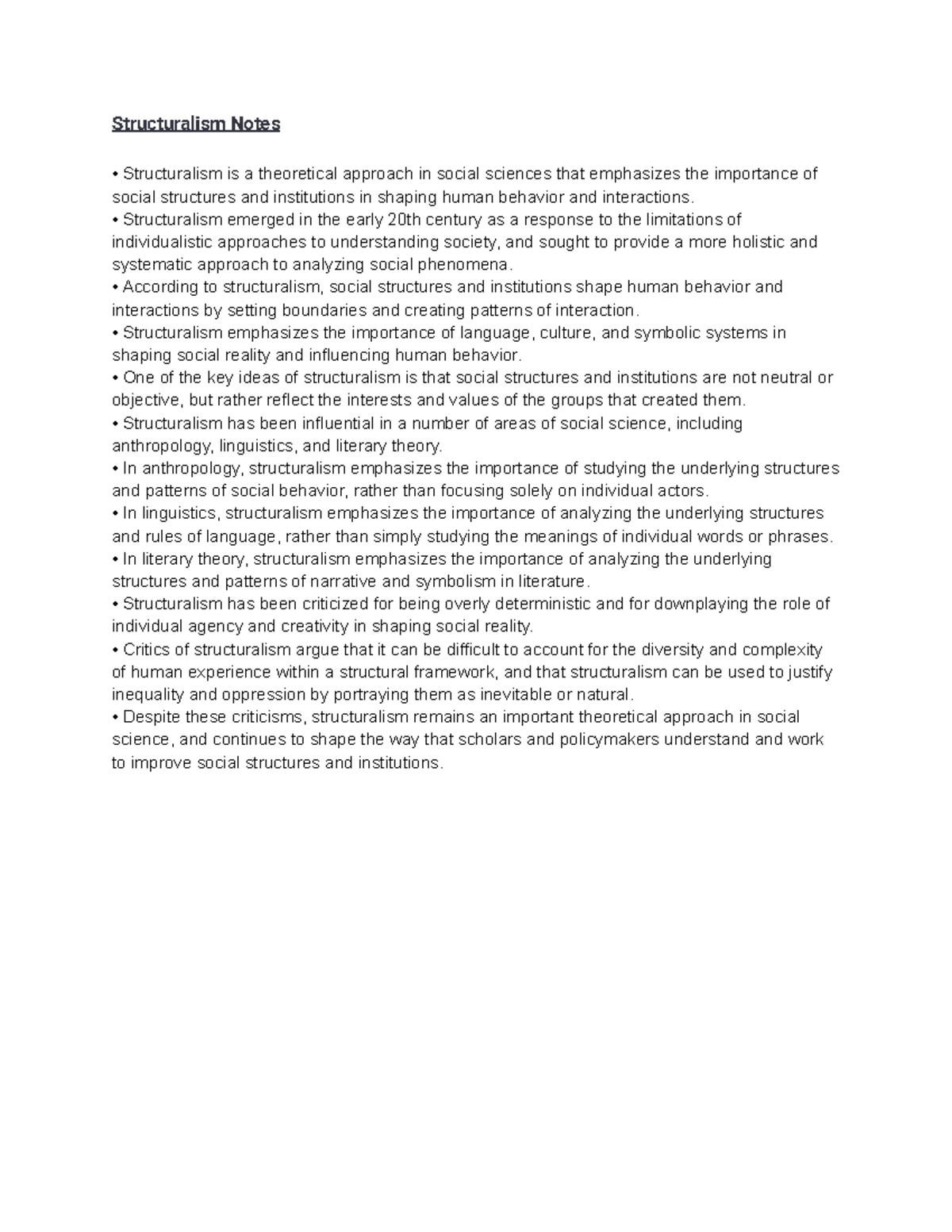 Structuralism Notes Structuralism Notes Structuralism Is A Theoretical Approach In Social