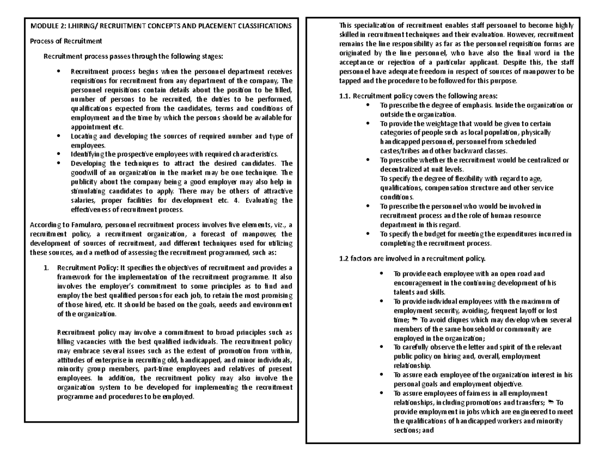 HRM 2 Module 2 - This specialization of recruitment enables staff ...