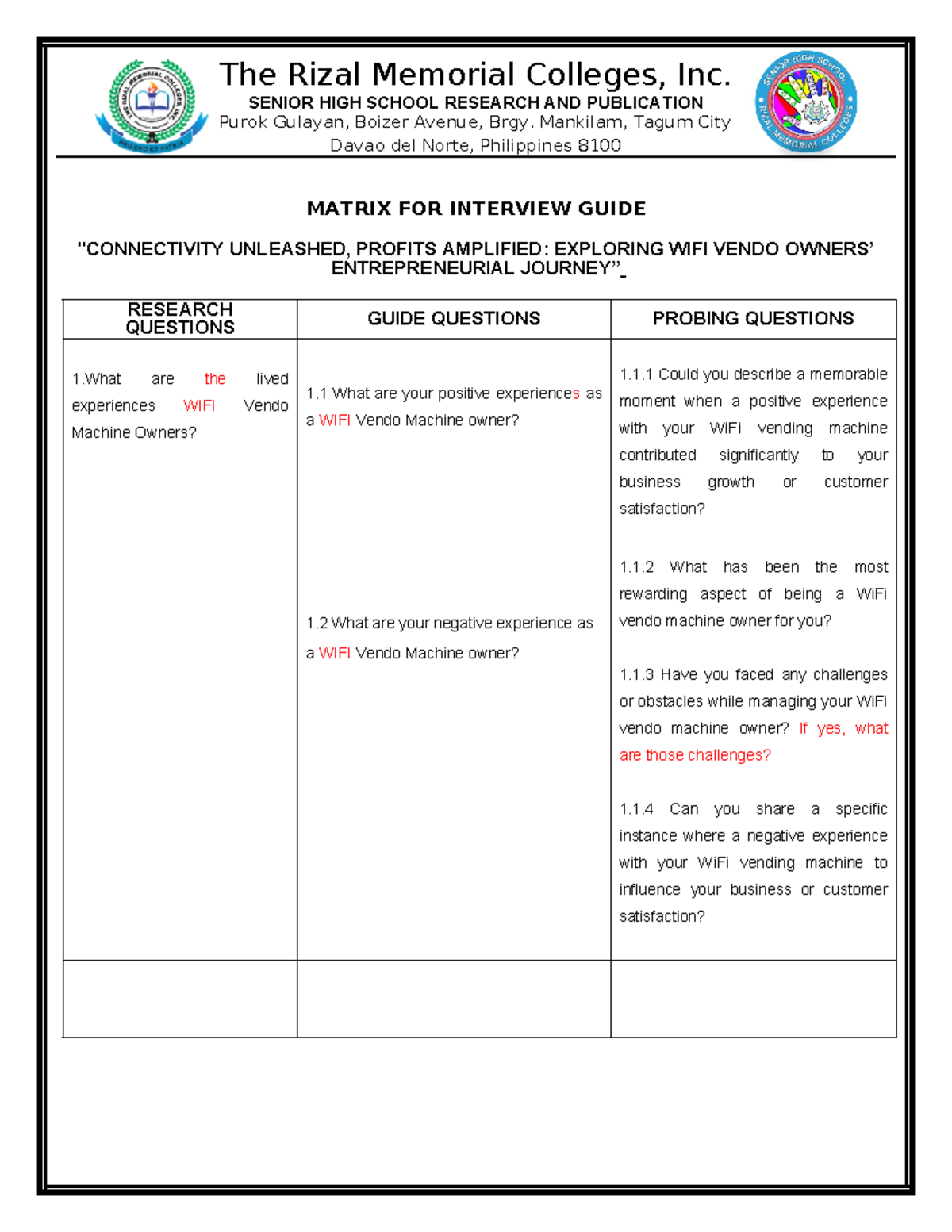 Group-1- Matrix - notes - The Rizal Memorial Colleges, Inc. SENIOR HIGH ...