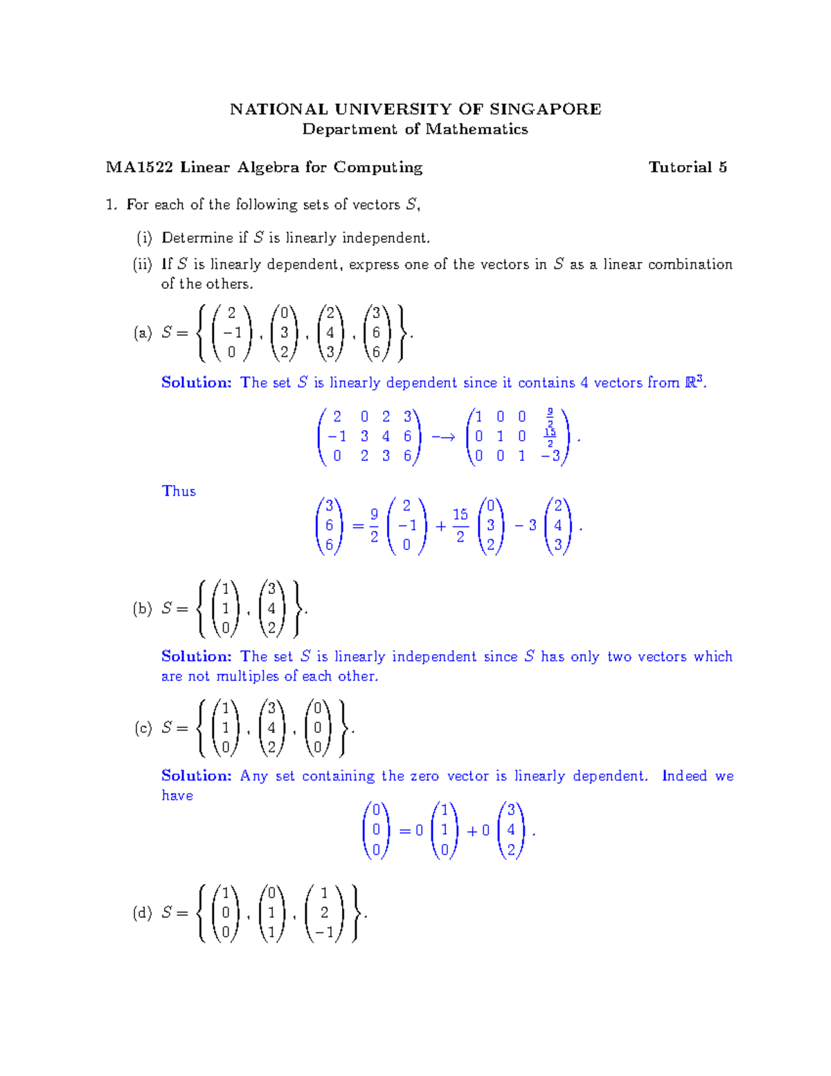 MA1522 Tutorial 5 Solutions - NATIONAL UNIVERSITY OF SINGAPORE Department of Mathematics MA1522 ...