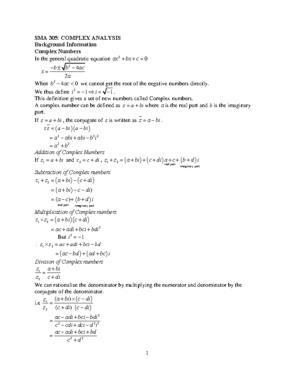 Pdf SMA 305 Lecture 1( Introduction, Roots, Demoivre'S Theorem)-1 - SMA 305: COMPLEX ANALYSIS ...