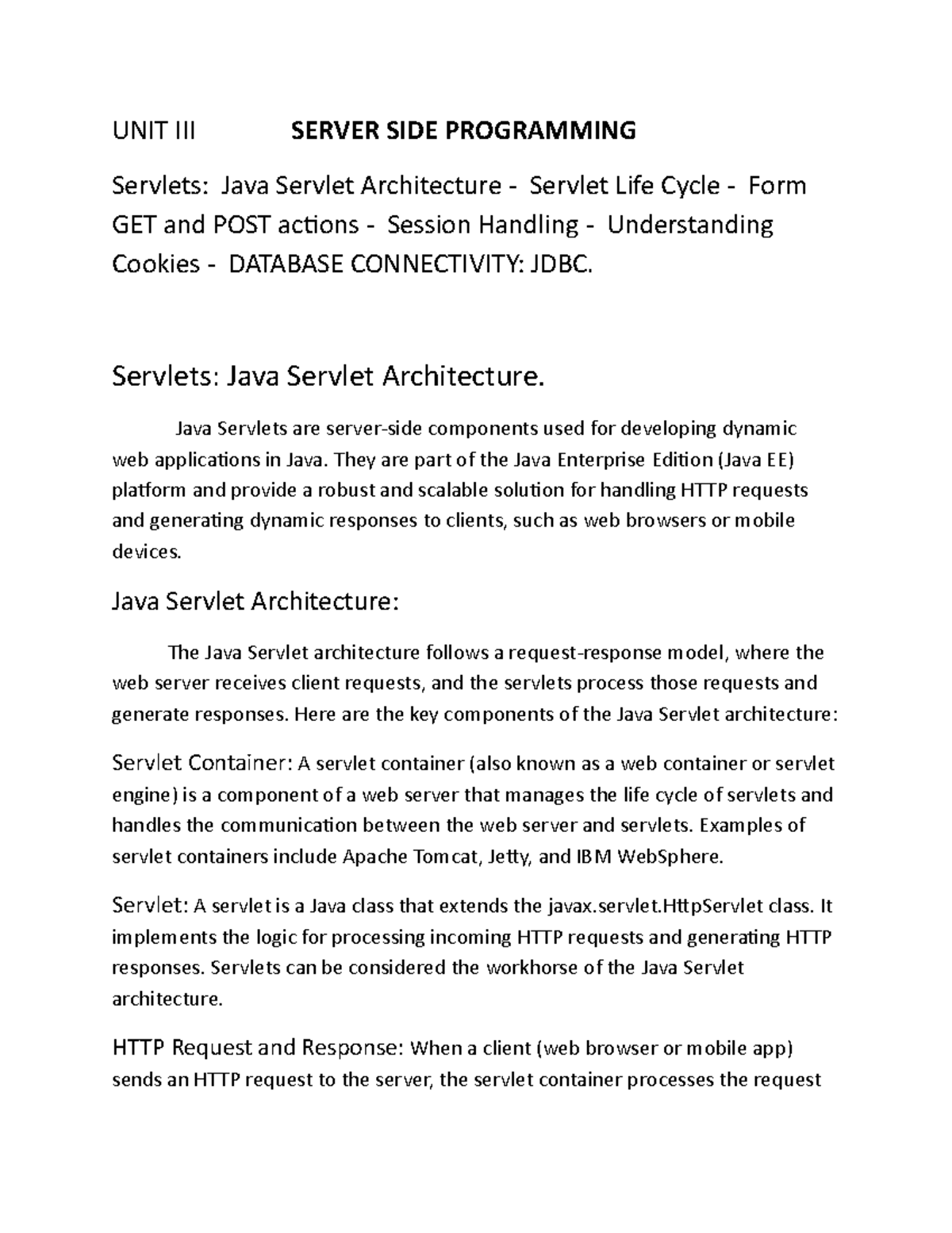 UNIT III - web technologies unit3 - UNIT III SERVER SIDE PROGRAMMING Servlets: Java Servlet ...