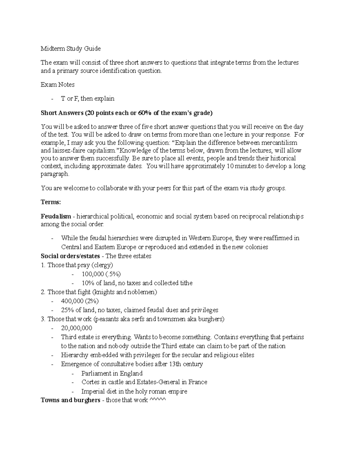 History Midterm Study Guide - Midterm Study Guide The exam will consist ...