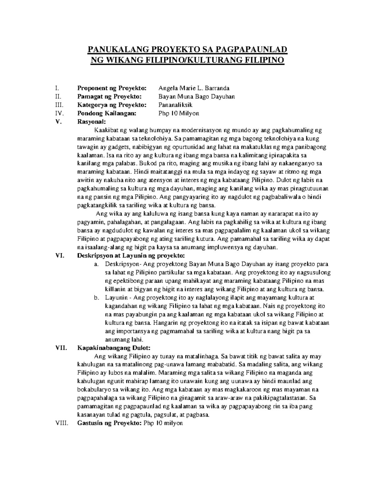 Panukalangproyekto Barranda - PANUKALANG PROYEKTO SA PAGPAPAUNLAD NG ...