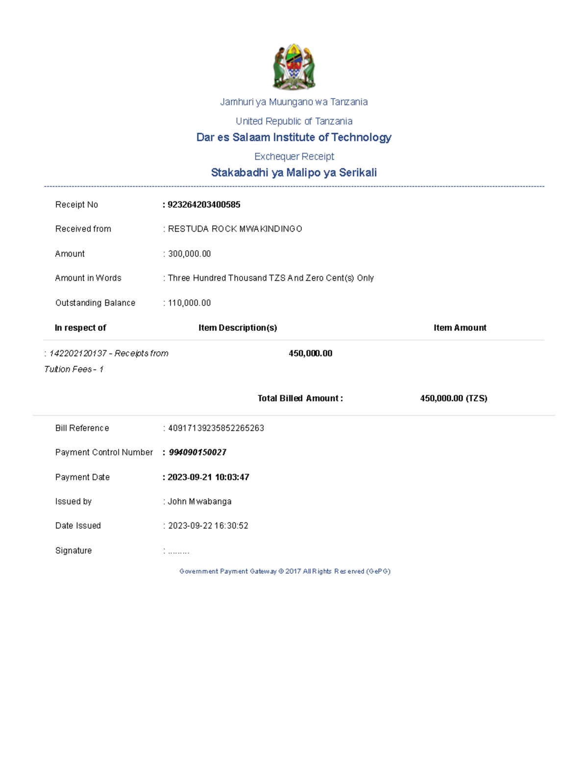 Restuda - YUU - Receipt No : 923264203400585 Received from : RESTUDA ...