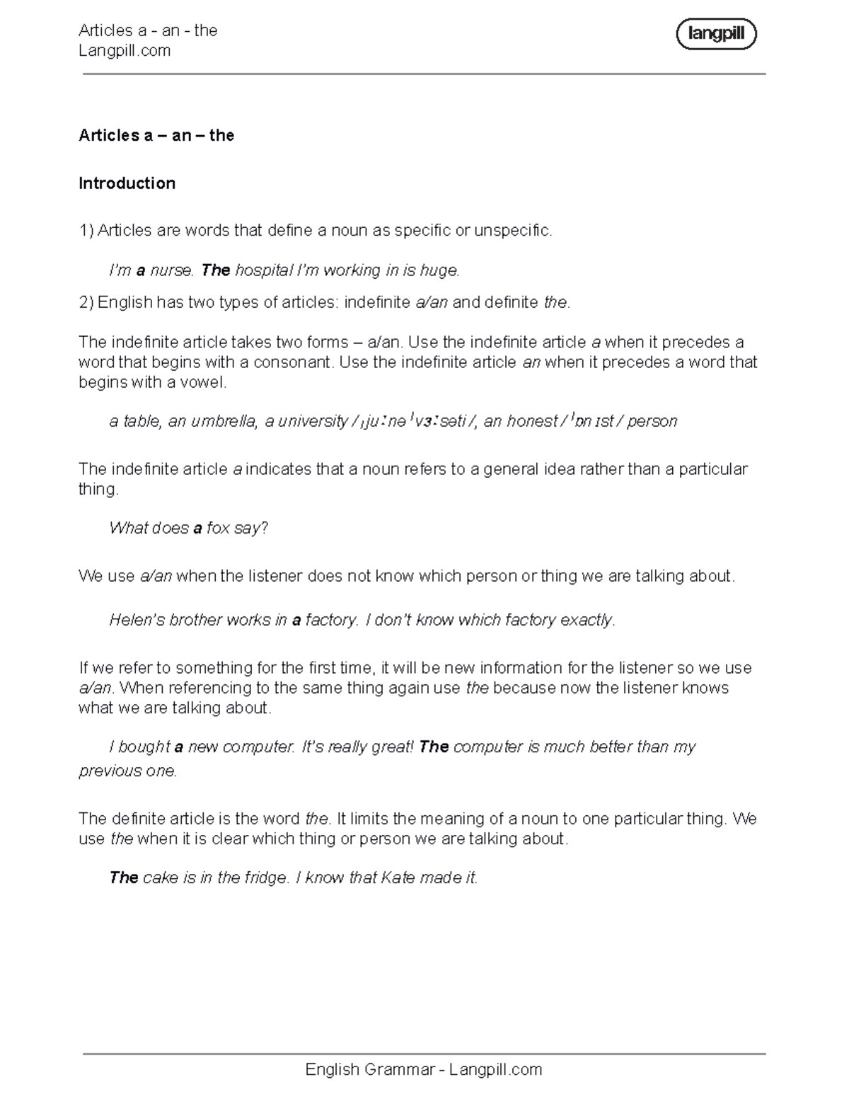 1.1 5. [Textbook] Articles a - an - the - Langpill Articles a – an ...