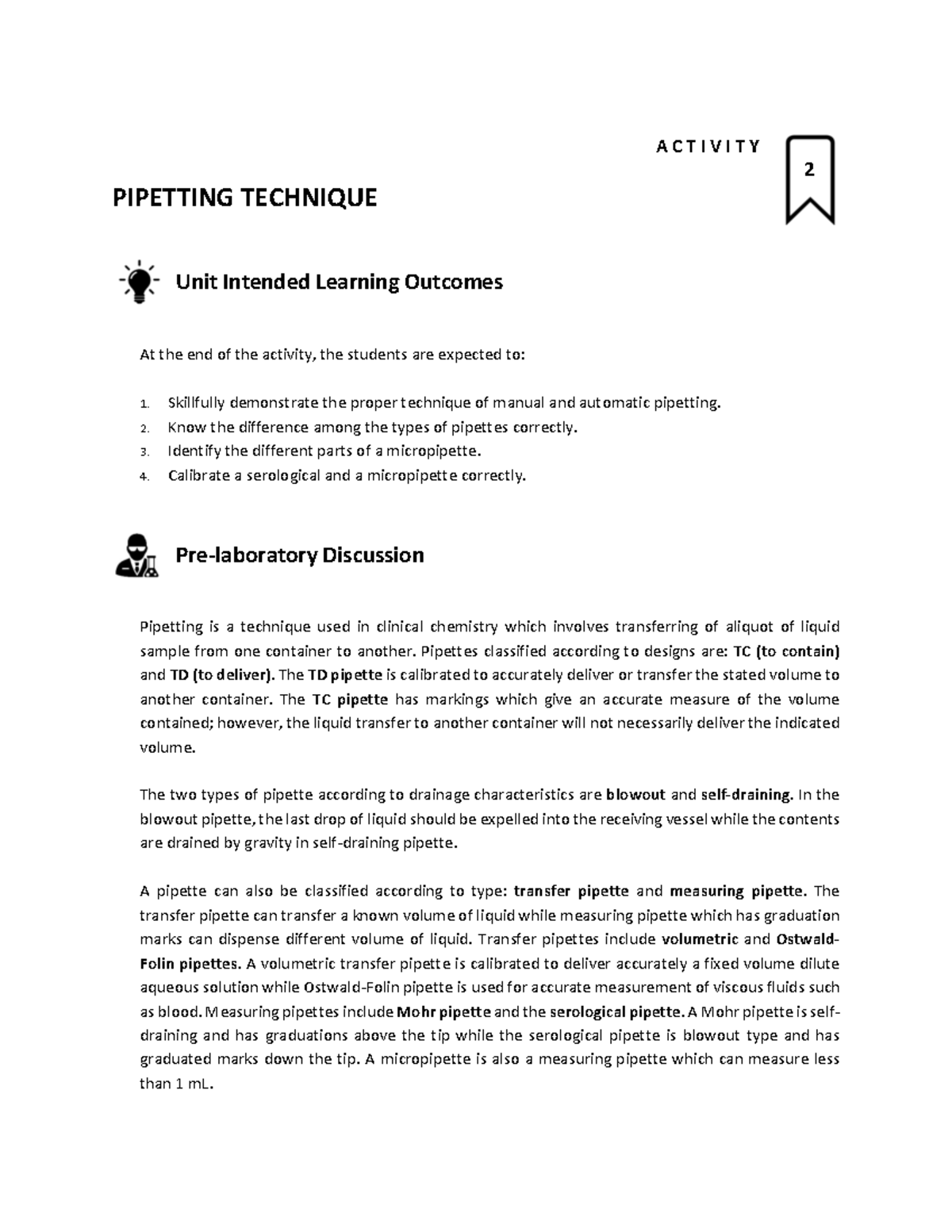 Activity 2 - Pipetting Technique - A C T I V I T Y PIPETTING TECHNIQUE ...
