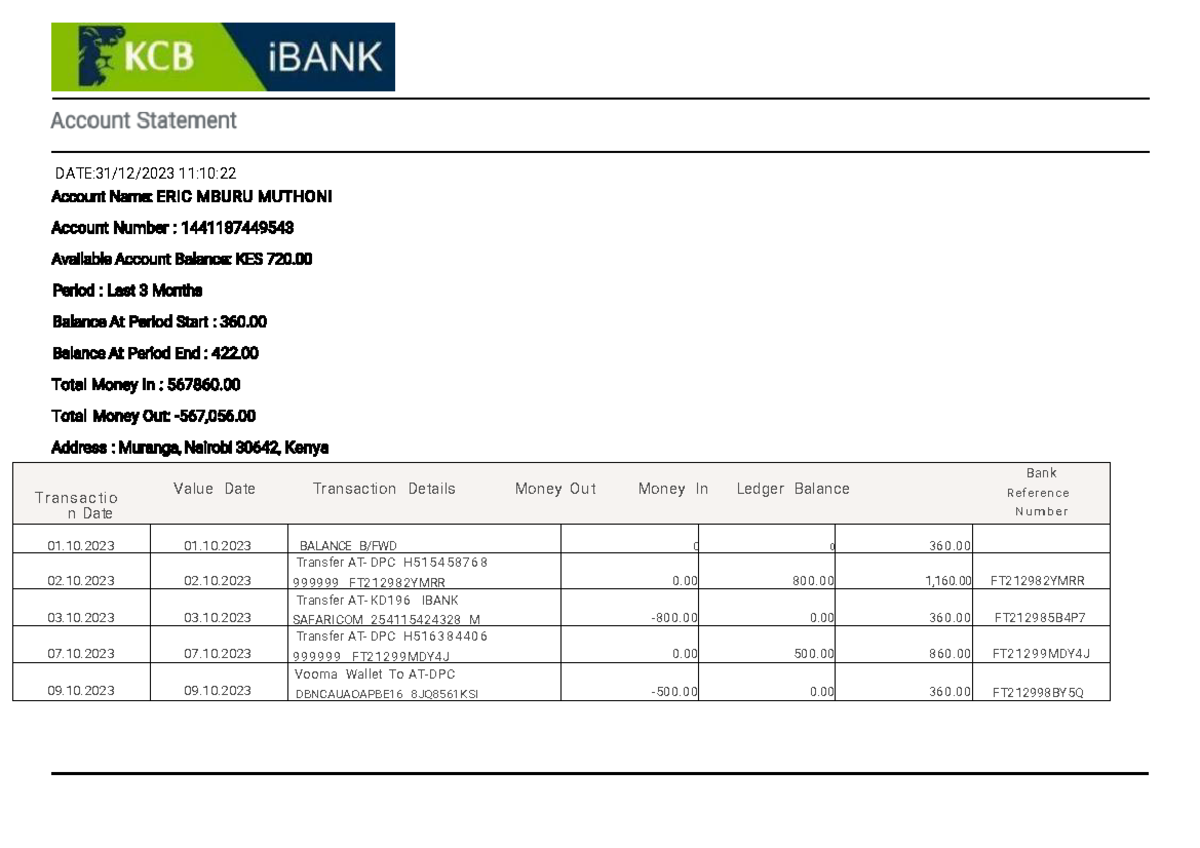 KCB BANK Eric - DATE:31/12/2023 11:10: Account Name: ERIC MBURU MUTHONI Account Number : - Studocu