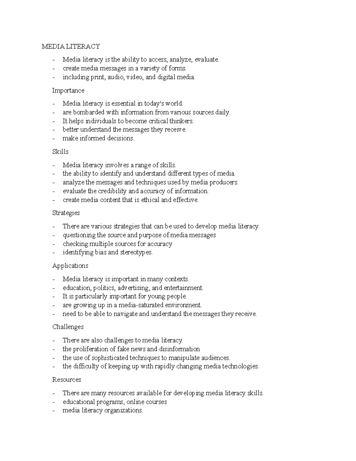 Media Literacy Notes 1 - MEDIA LITERACY Media literacy is the ability ...