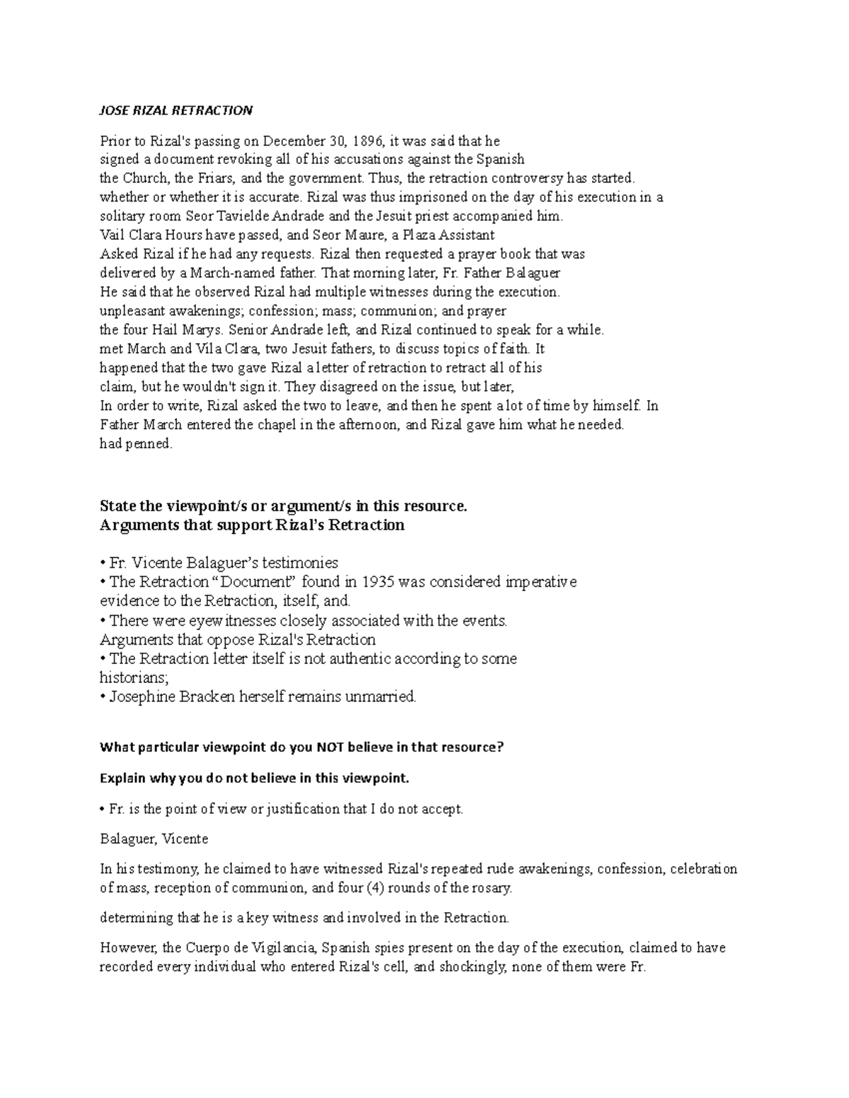 JOSE Rizal Retraction - second year - JOSE RIZAL RETRACTION Prior to ...