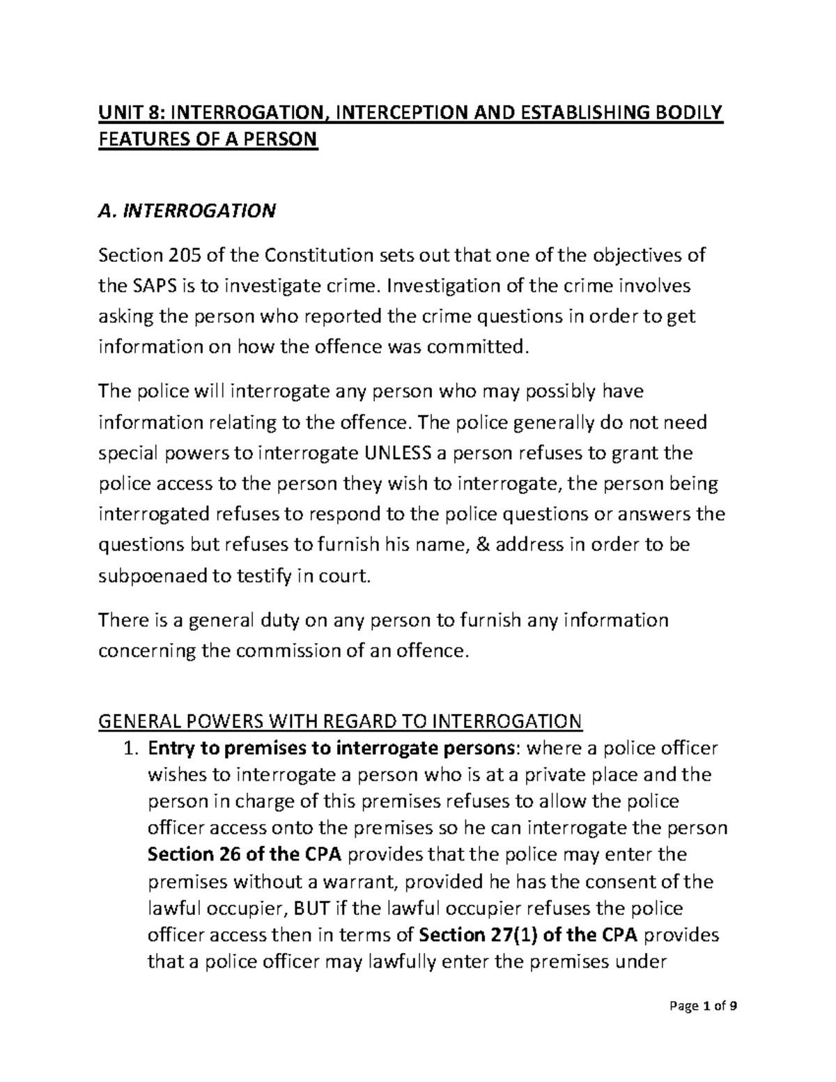 UNIT 8 - Interrogation, Interception AND Establishing Bodily Features ...