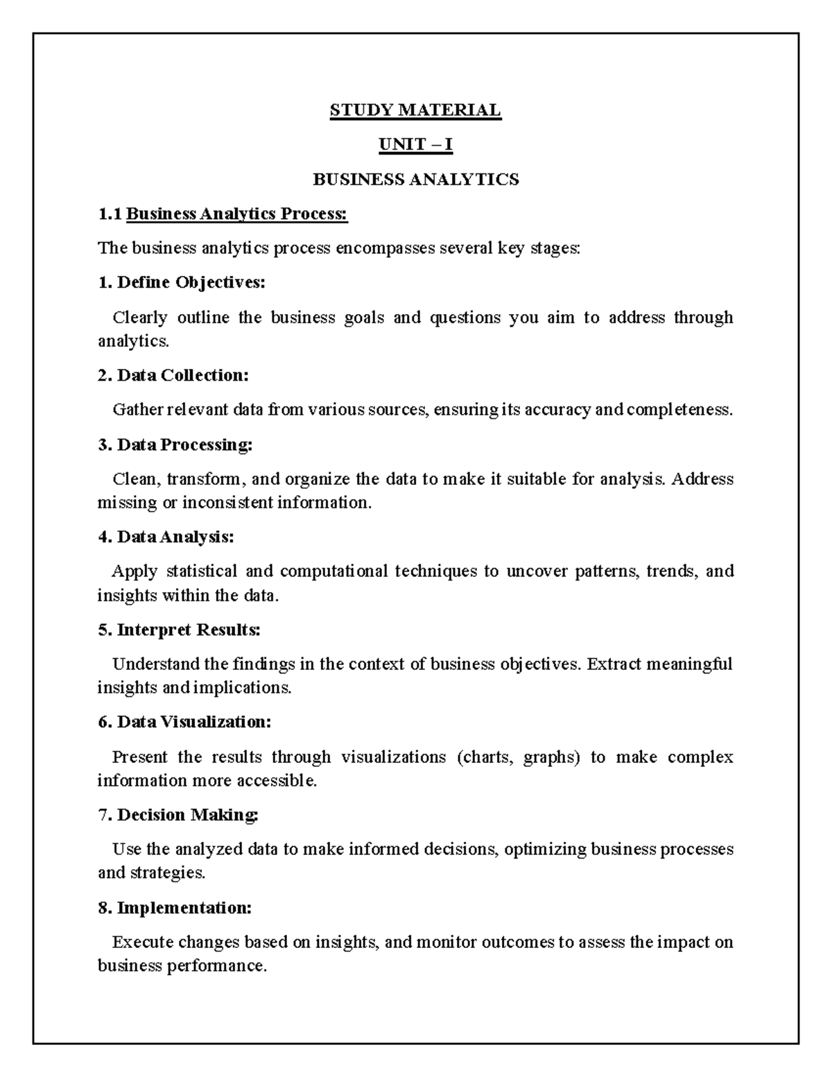 Unit 1 BIA - UNIT-I - STUDY MATERIAL UNIT – I BUSINESS ANALYTICS 1 ...