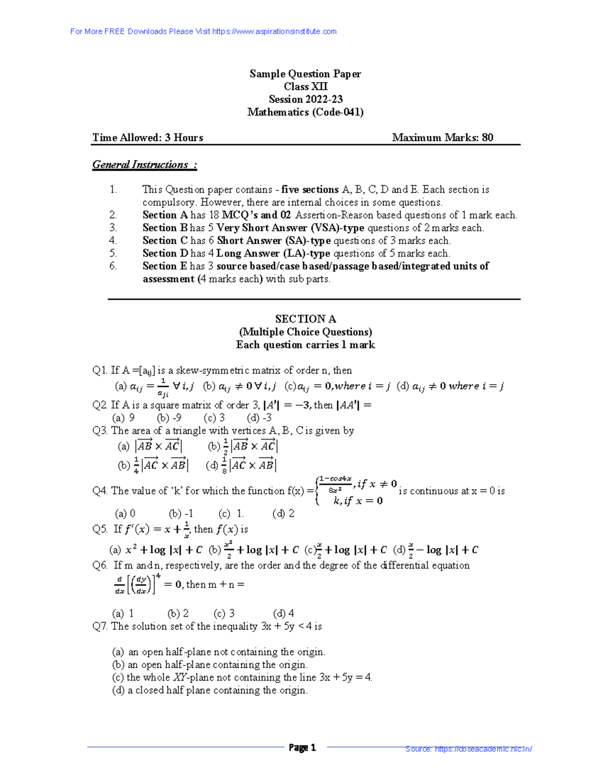 CBSE Sample Paper 2023 Class 12 Maths SQP - Page 1 Sample Question ...