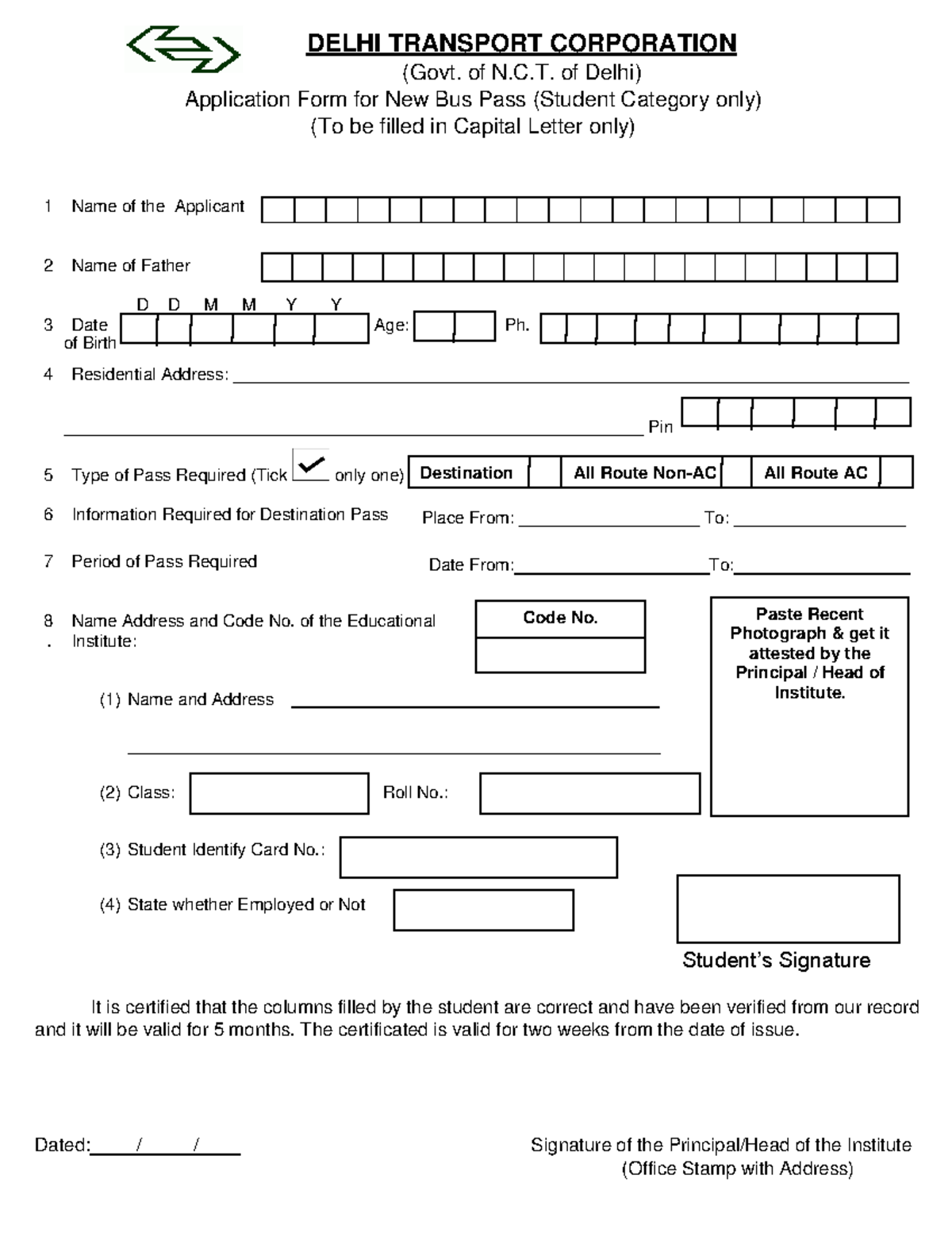 DTC Bus Pass Form - General purpose - DELHI TRANSPORT CORPORATION (Govt ...