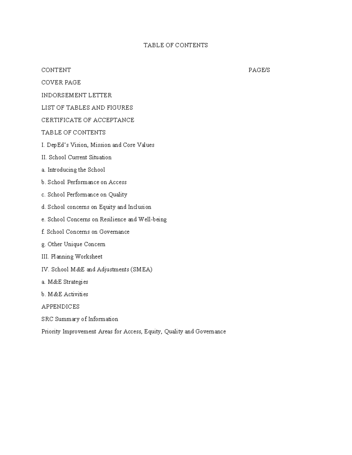 Table OF Contents - sample - TABLE OF CONTENTS CONTENT PAGE/S COVER ...