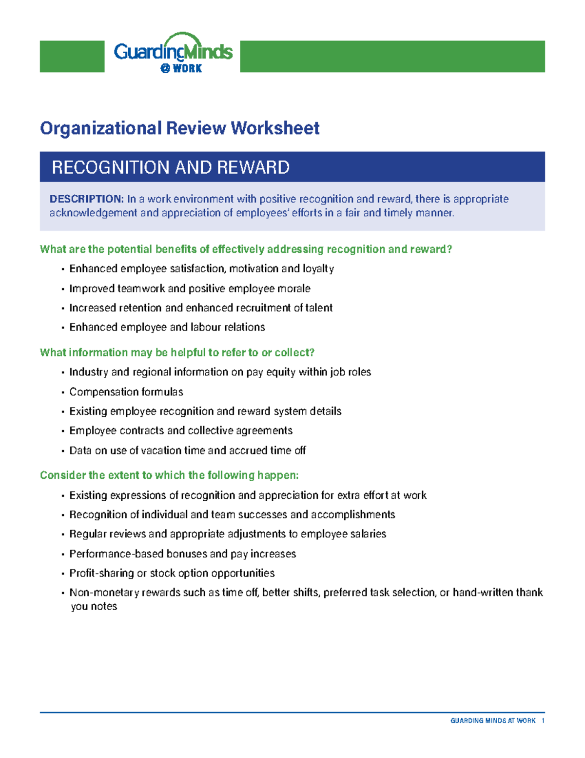 13 - None - GUARDING MINDS AT WORK 1 Organizational Review Worksheet RECOGNITION AND REWARD ...