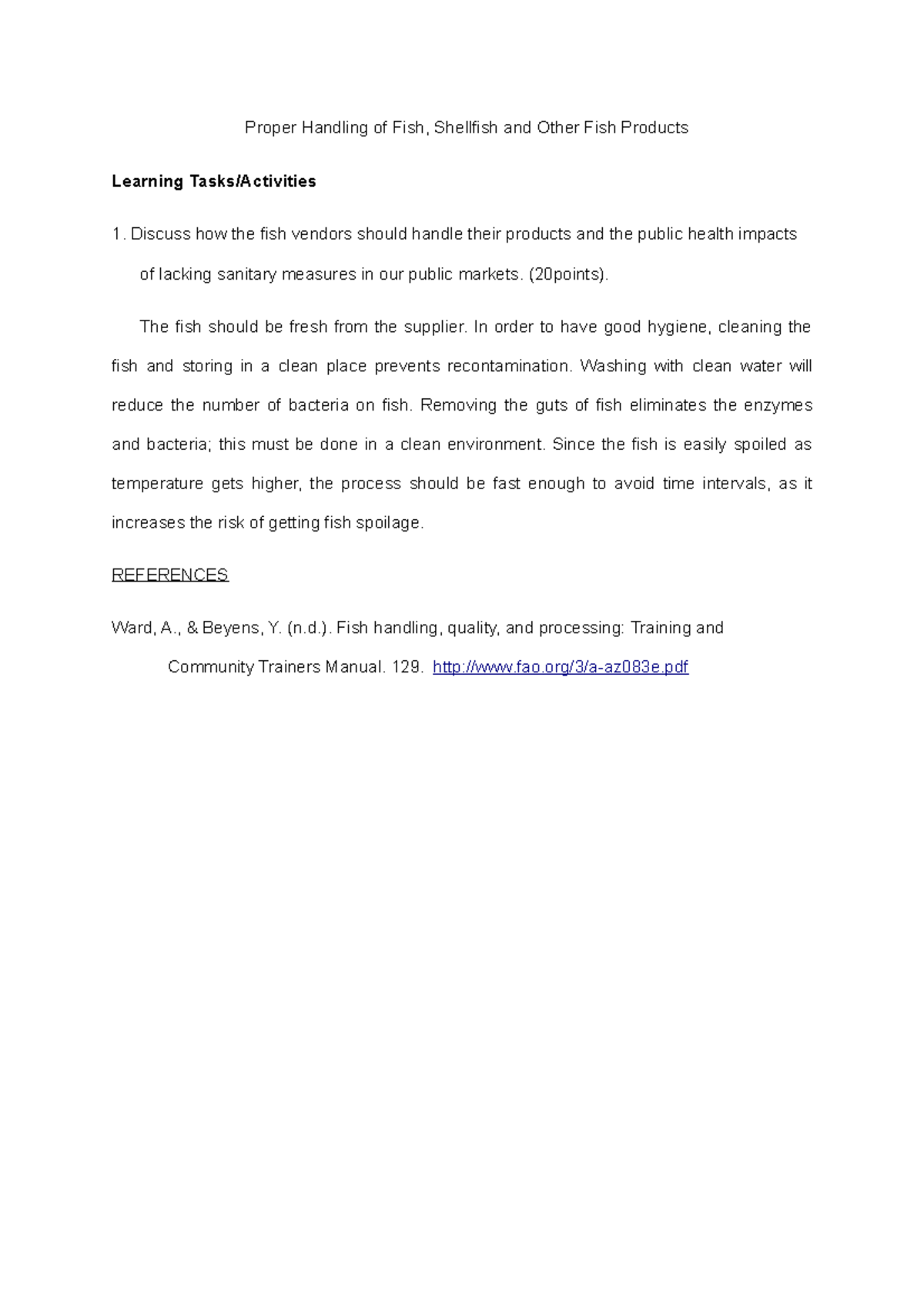 Proper Handling of Fish, Shellfish and Other Fish Products - (20points ...