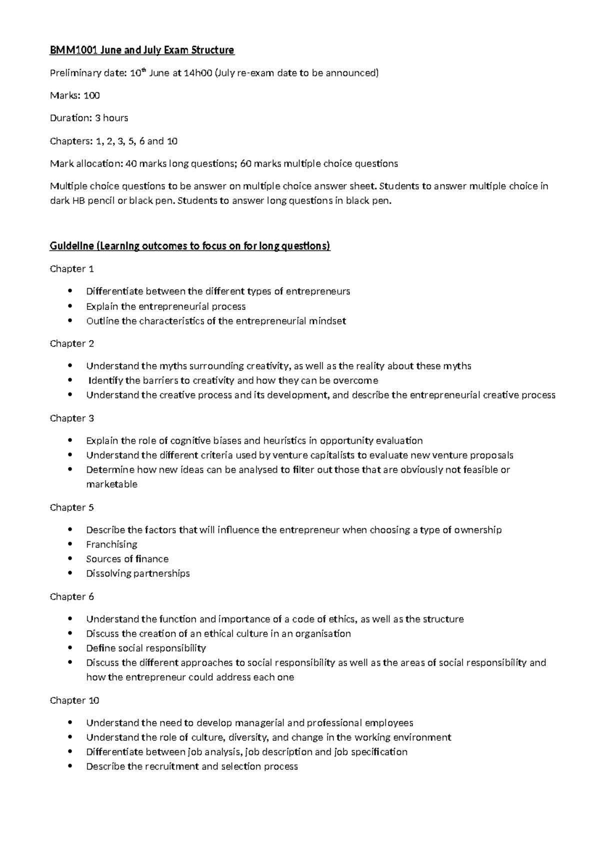 BMM1001 June Exam Structure and Guideline - BMM1001 June and July Exam ...