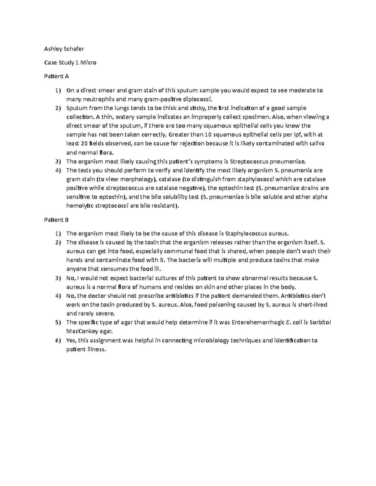 Case Study 1 Micro - Ashley Schafer Case Study 1 Micro Patient A On a ...
