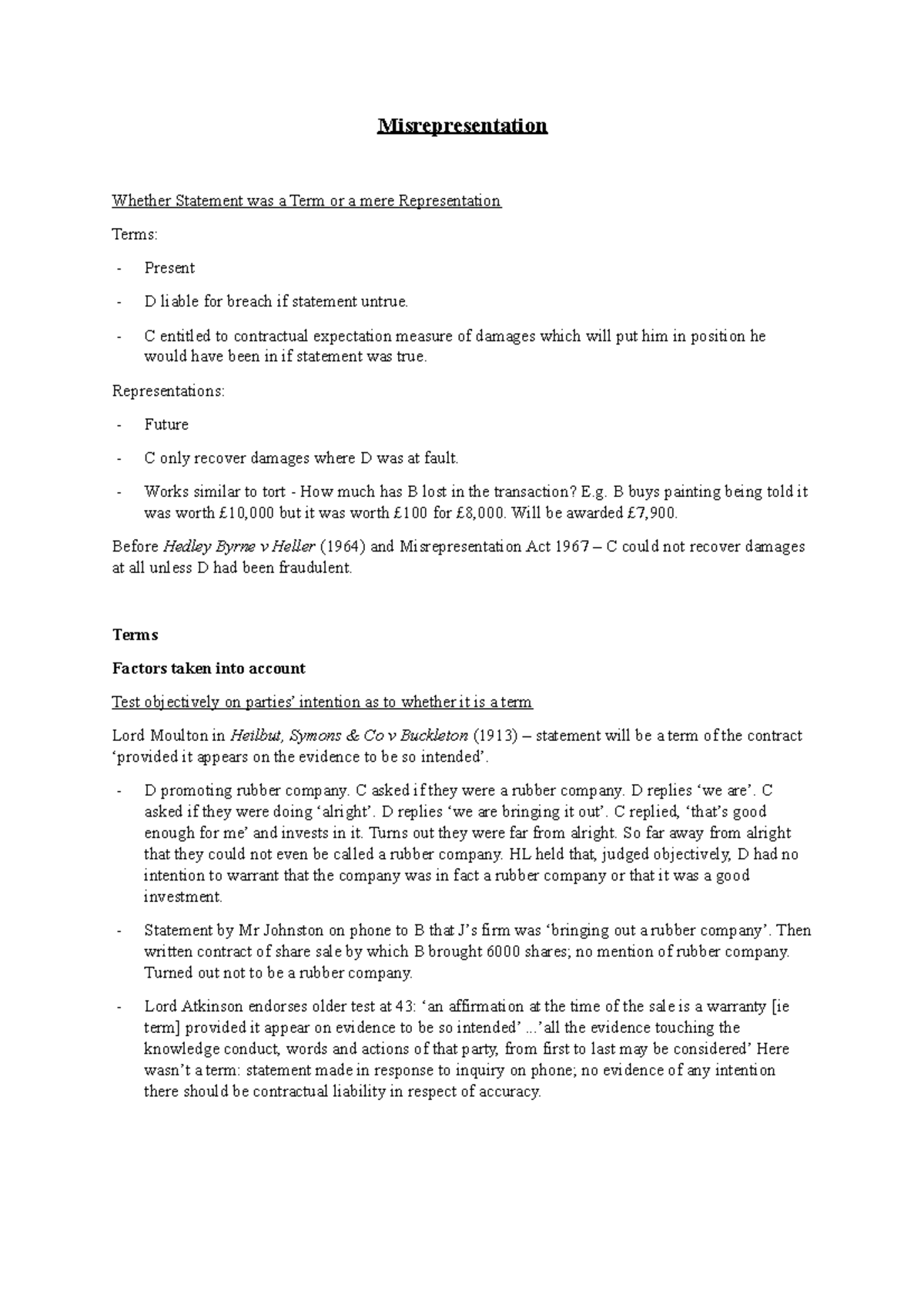 Misrepresentation revised - Misrepresentation Whether Statement was a ...