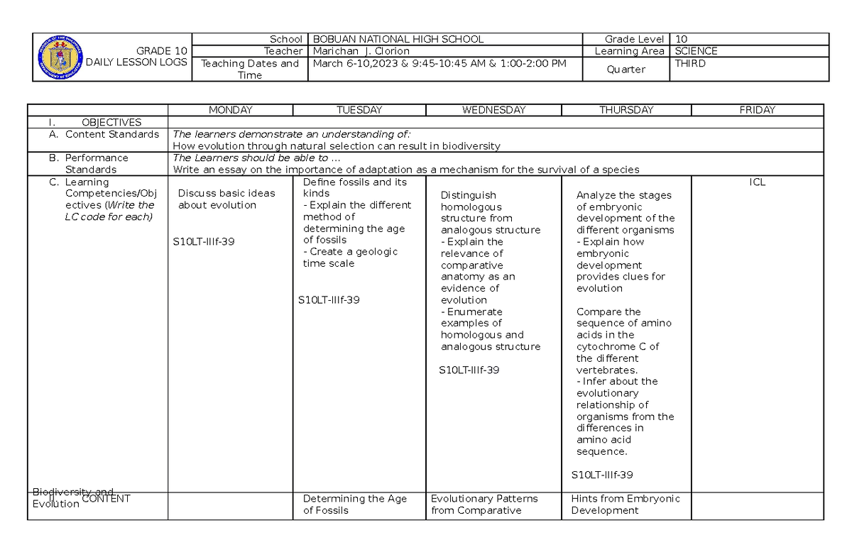 JHS Lesson LOG G-10 Science 1 - GRADE 10 DAILY LESSON LOGS School ...