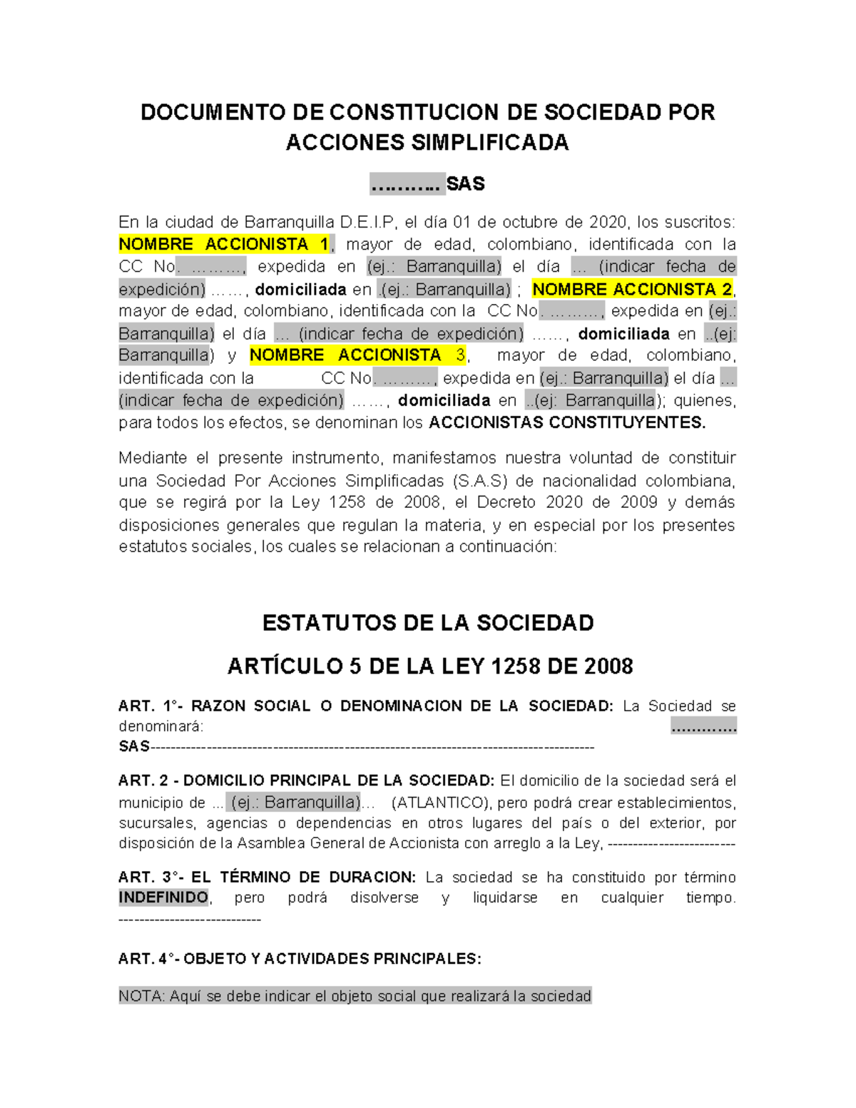 SAS Livina CCB 2020 - Modelo de acta de constitución sas - DOCUMENTO DE CONSTITUCION DE SOCIEDAD ...