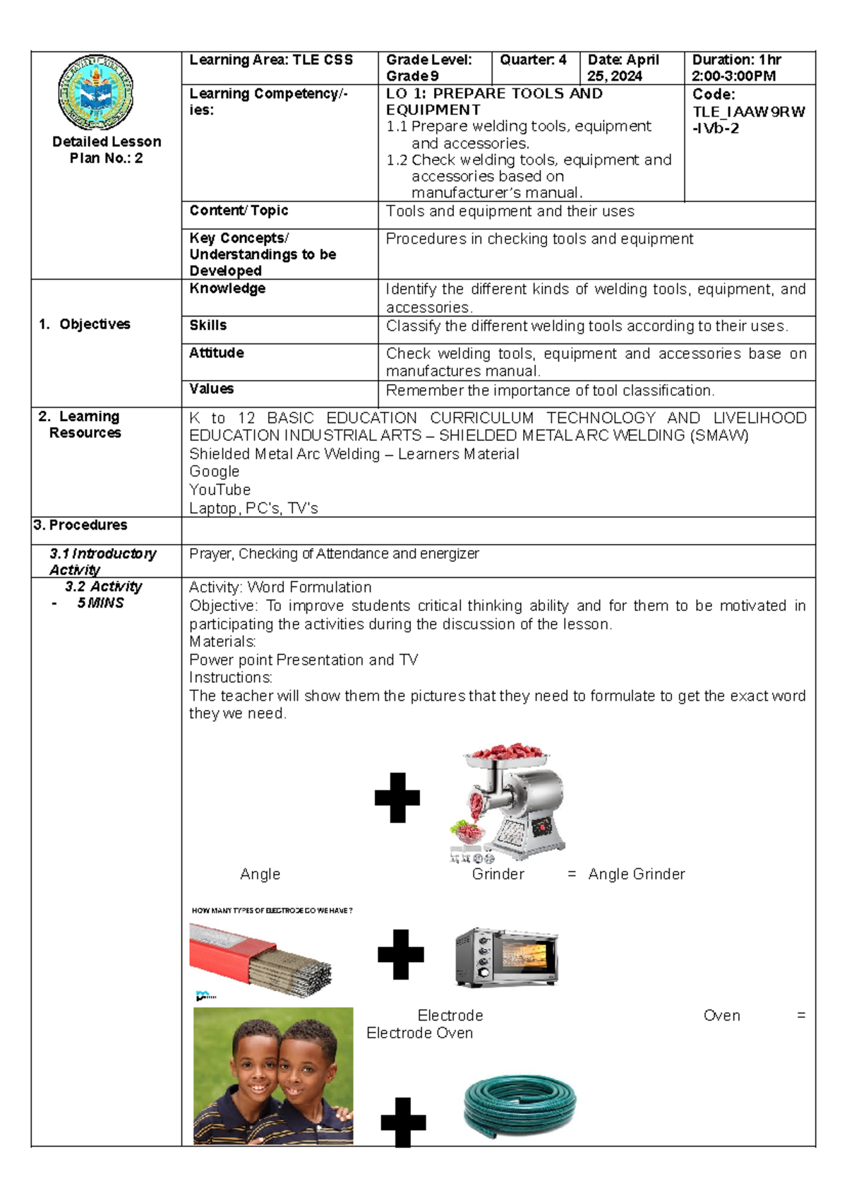 2nd Lesson Plan TLE SMAW - Detailed Lesson Plan No.: 2 Learning Area ...