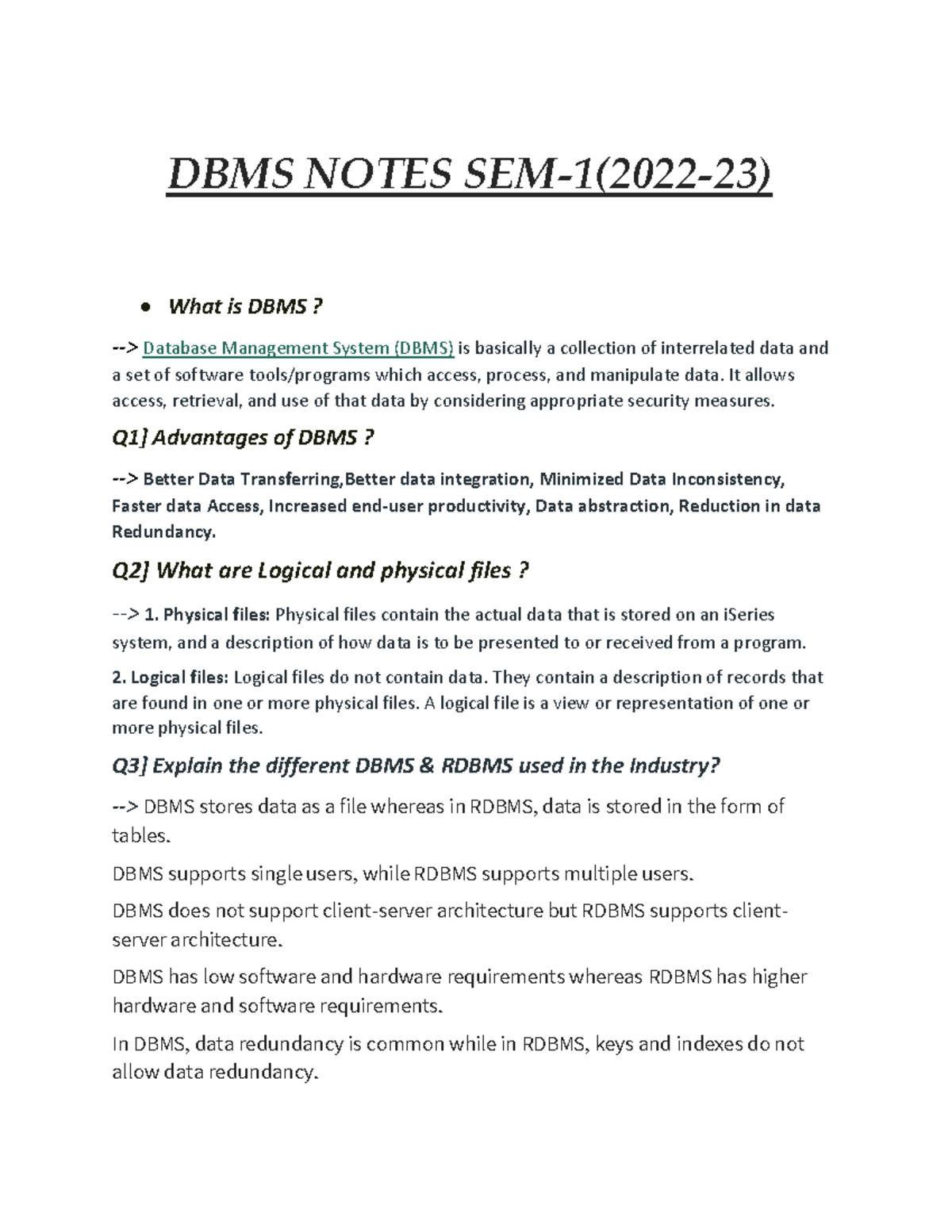 DBMS SEM-1 - notes - DBMS NOTES SEM-1(2022-23) • What is DBMS ...