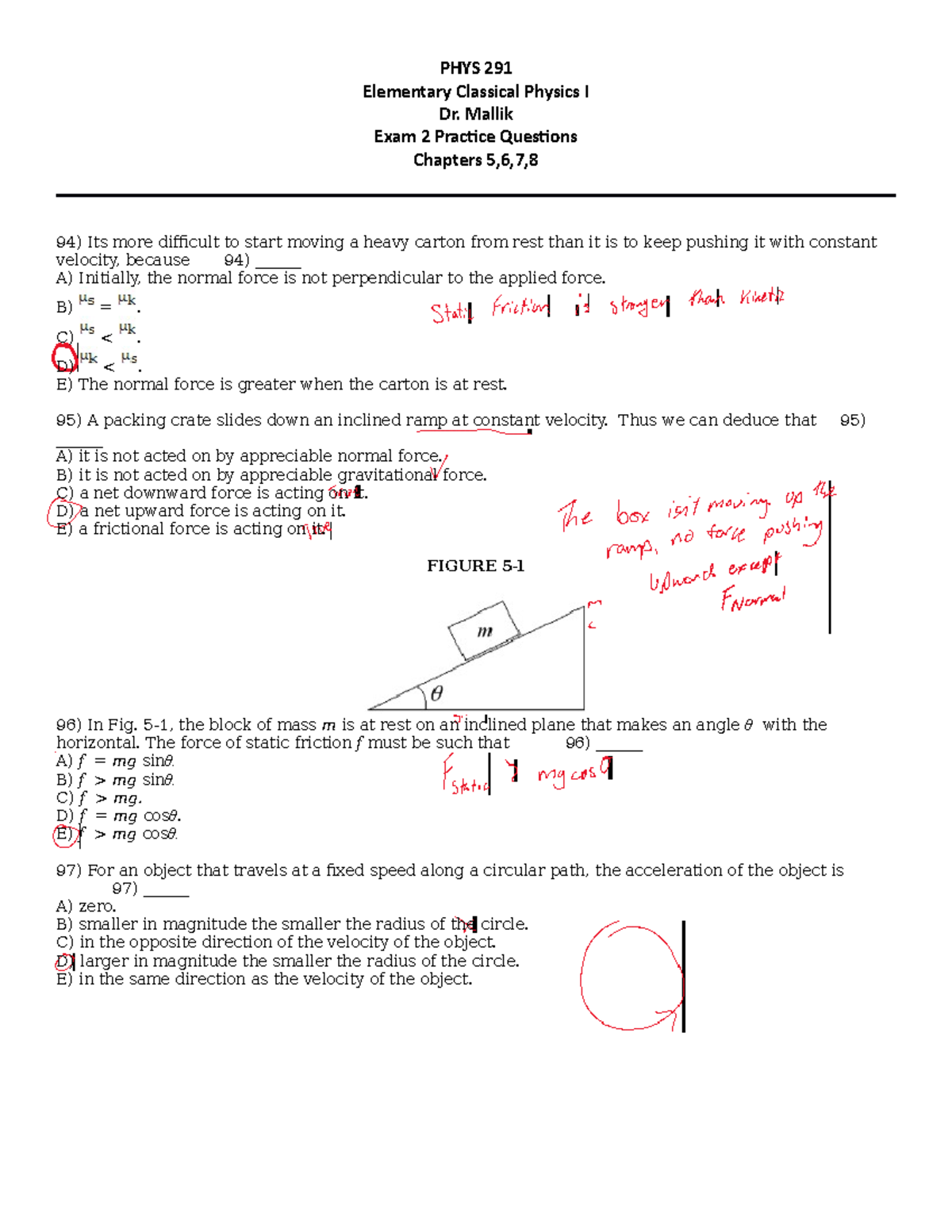 Exam 2 Practice Questions Chapters 5,6,7,8 - PHYS 291 Elementary ...