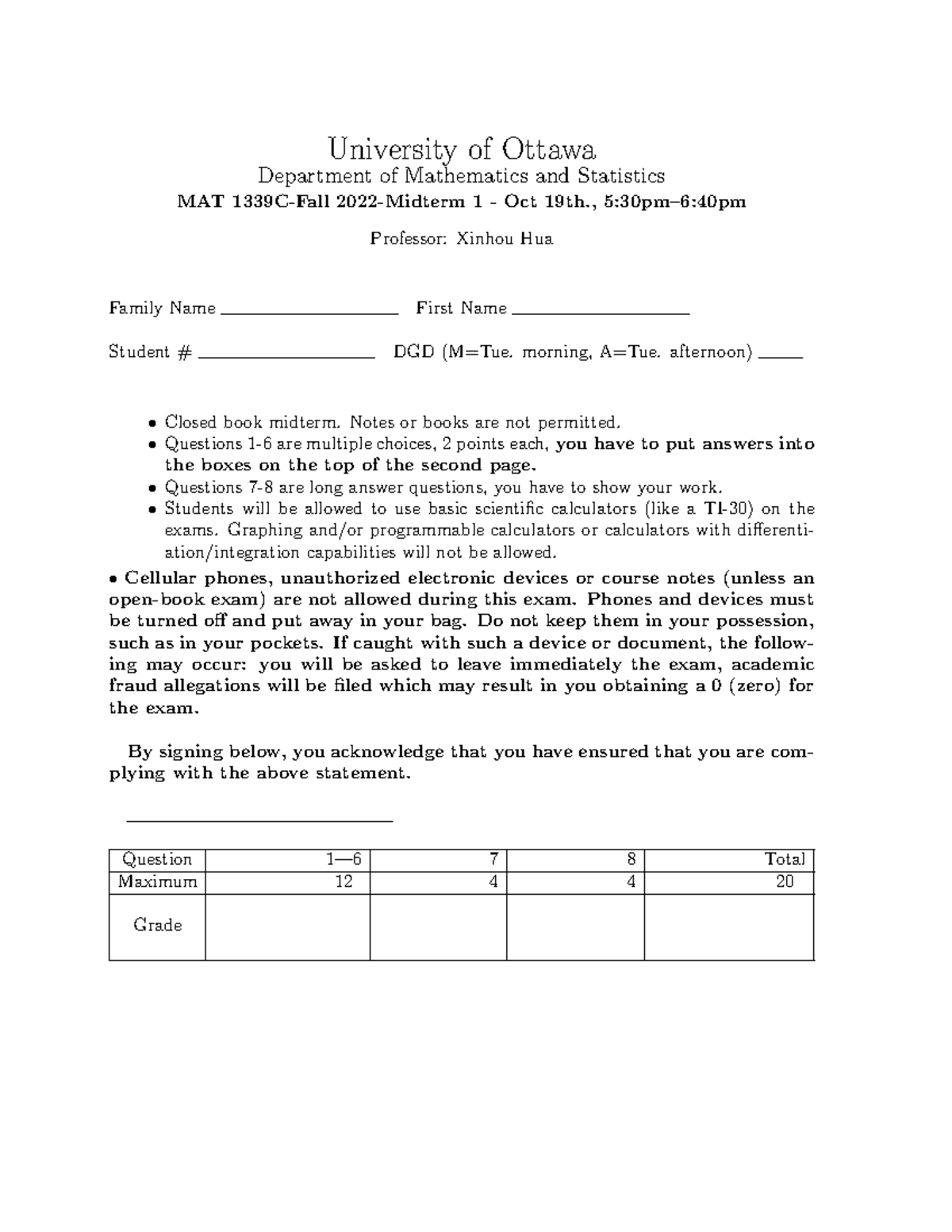MAT1339 Midterm 1A - Topic 1-3 - University of Ottawa Department of ...