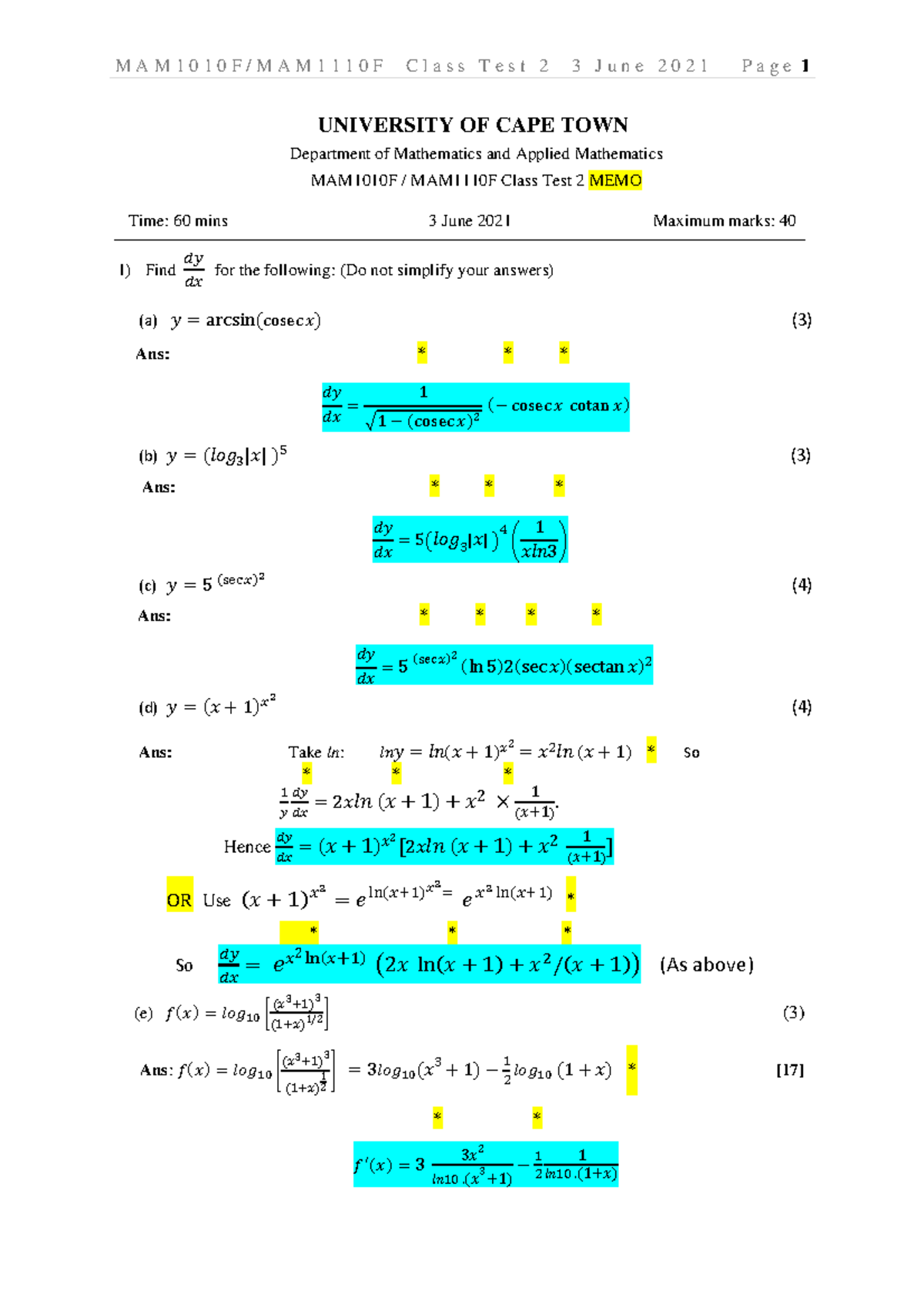 MAM1110F Class test 2 2021 MEMO - UNIVERSITY OF CAPE TOWN Department of ...
