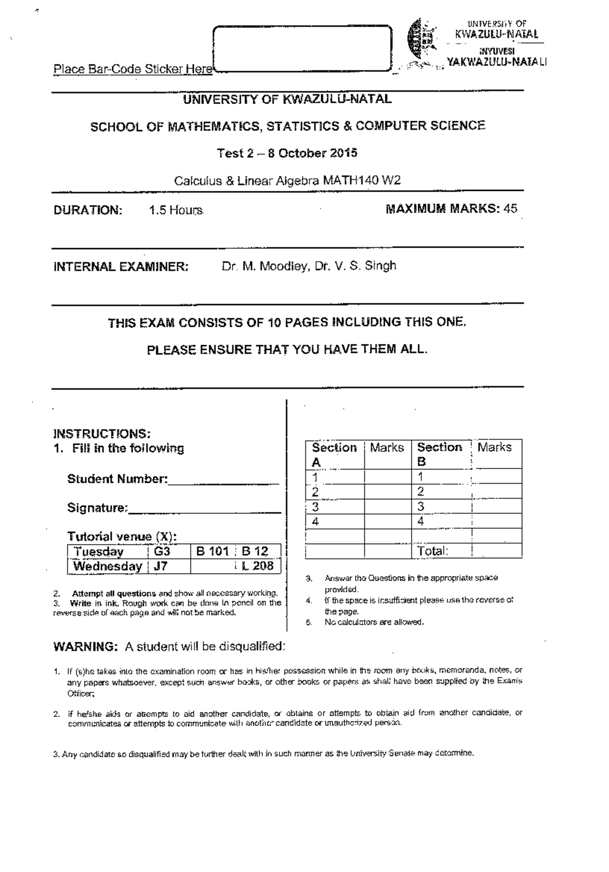 MATH 140 2015 Test 2 - MATH140 Test 2 2015 past paper - UNIVERSITY OF ...