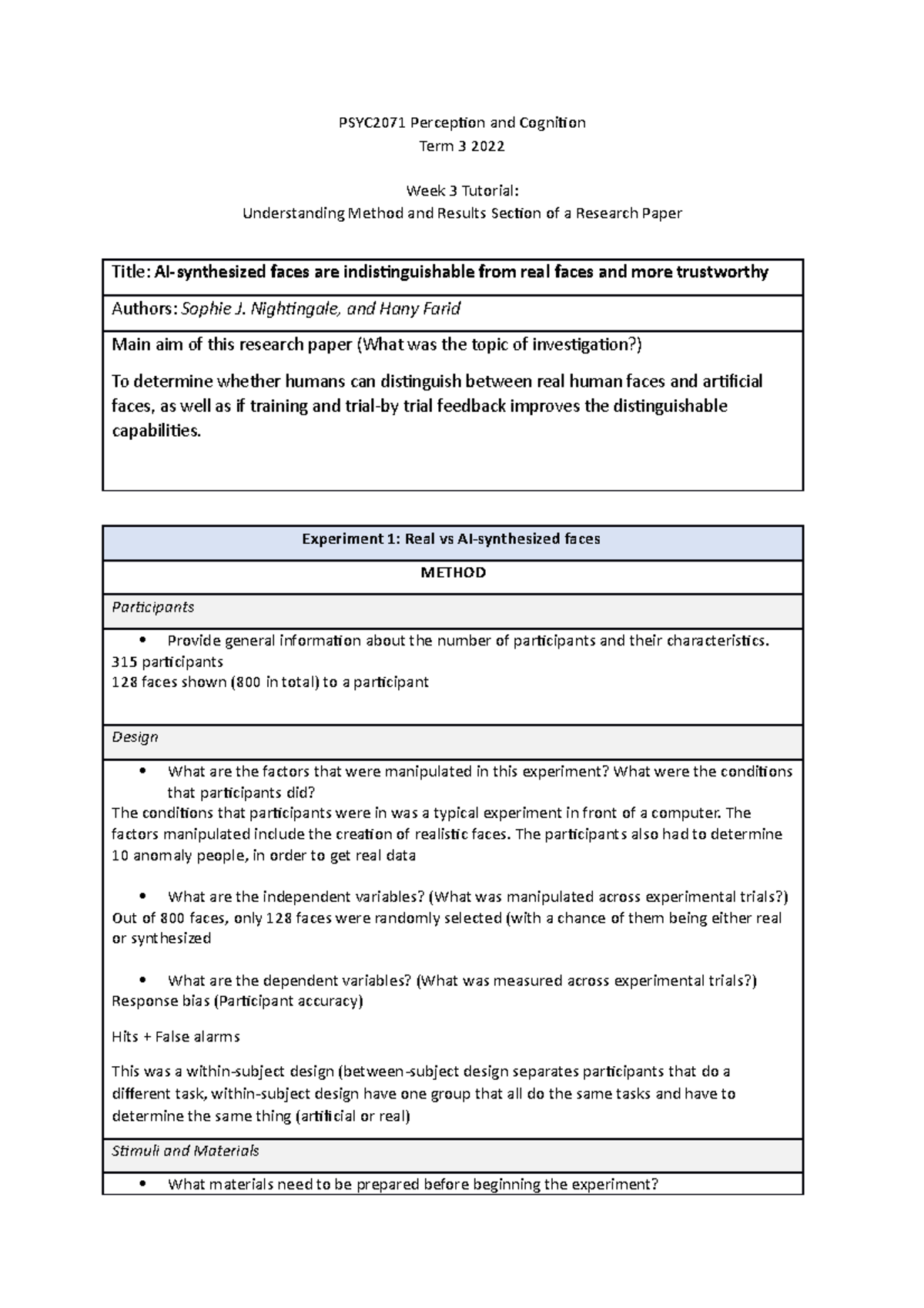 Week 3 Tutorial Article method-results worksheet - PSYC2071 Perception and Cognition Term 3 2022 ...