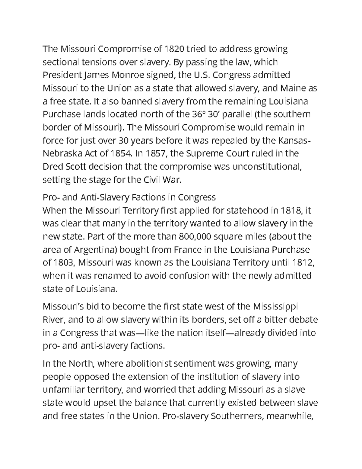 Missouri Compromise - Lecture Notes - The Missouri Compromise of 1820 ...