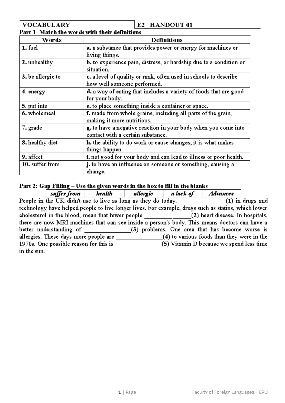 UNIT 7 - practice english2 - VOCABULARY E2_ HANDOUT 01 Part 1- Match ...