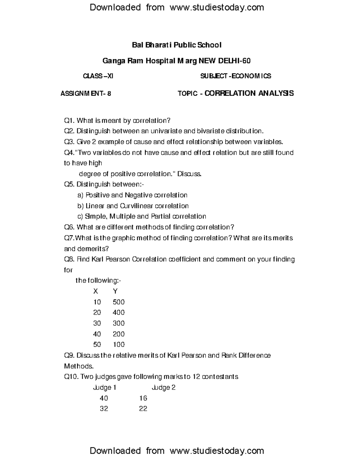 CBSE Class 11 Economics Correlation Analysis Worksheet Set B - Bal ...