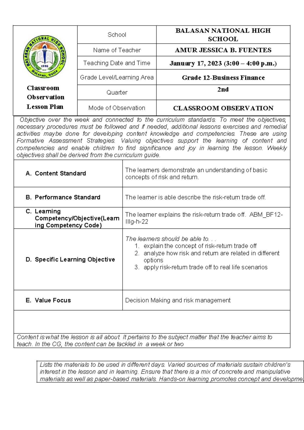 Business Finance Lesson Plan - School BALASAN NATIONAL HIGH SCHOOL Name ...
