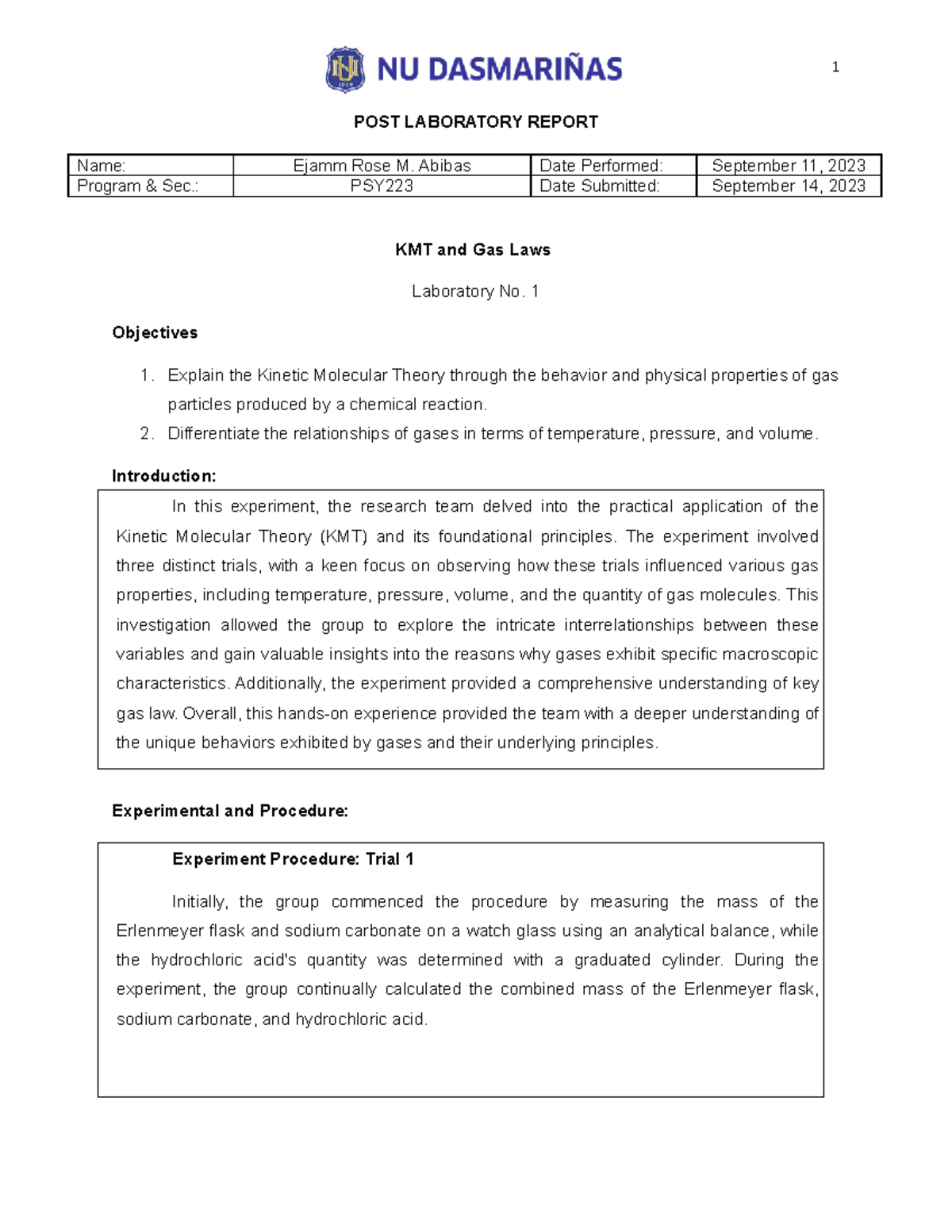 POST- Laboratory- Report - POST LABORATORY REPORT Name: Ejamm Rose M ...